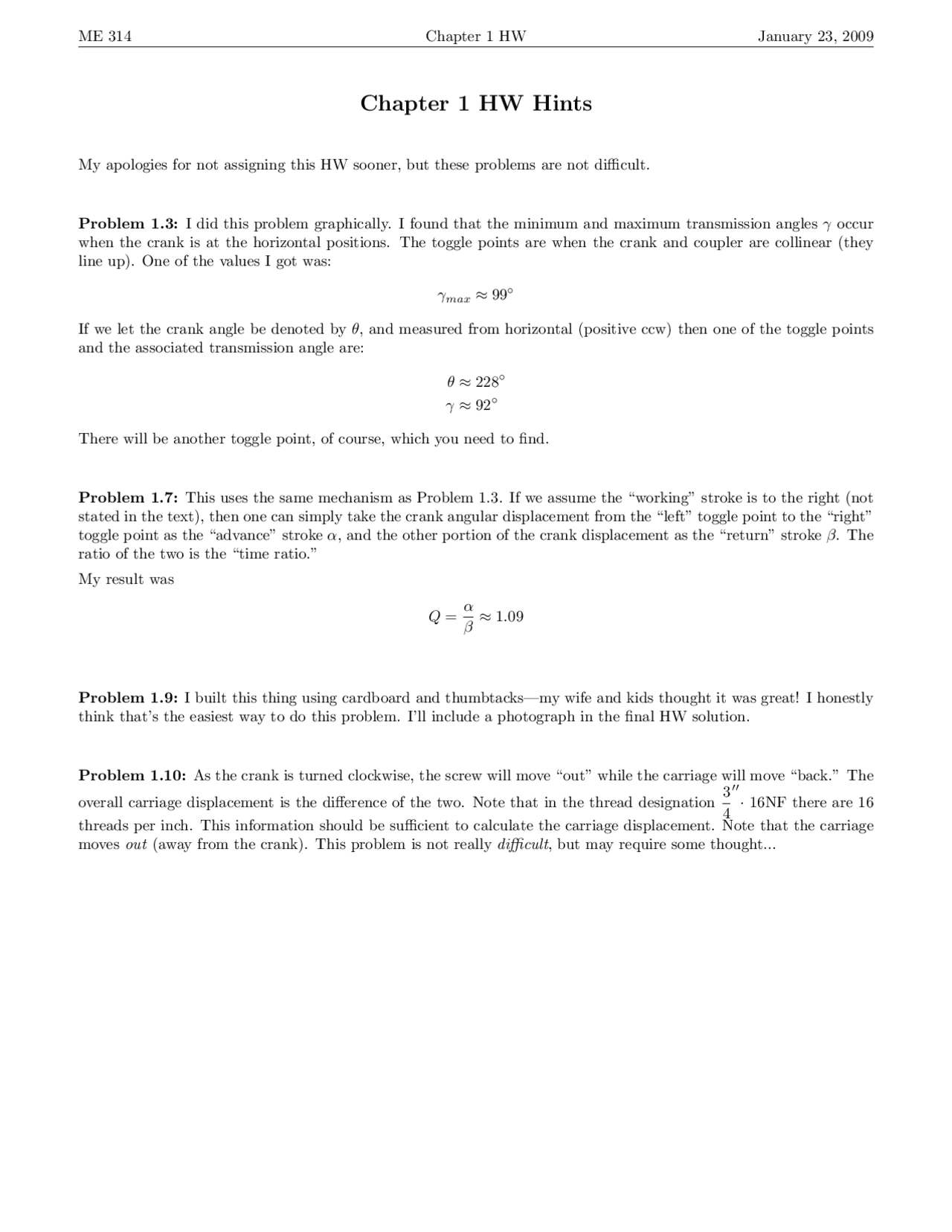 Homework Problems Design Of Machinery Me 314 Docsity