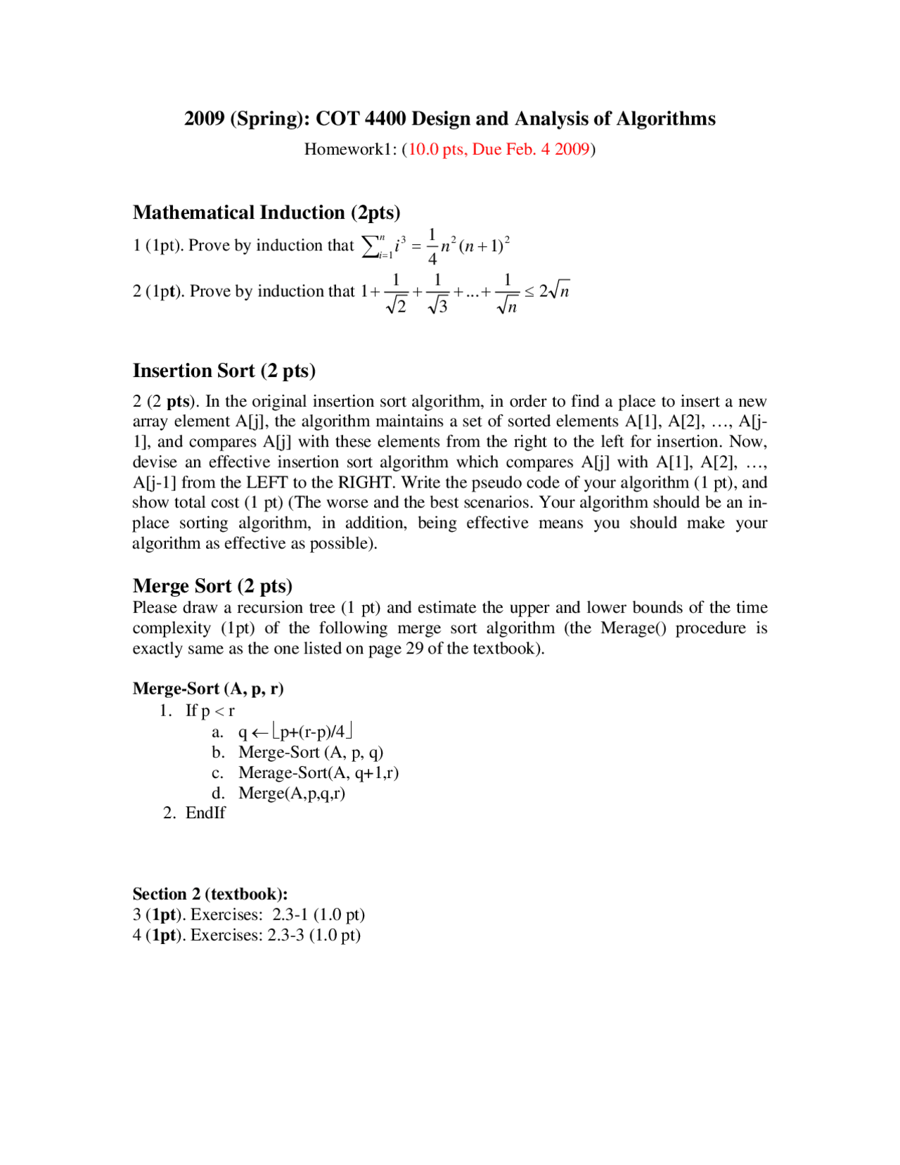 Homework 1 Design And Analysis Of Algorithms Fall 2009 Cot 4400 Docsity