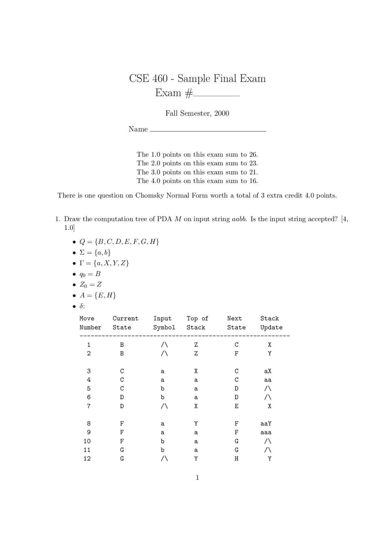Computability and Languages - Sample Final Exam | CSE 460 - Docsity
