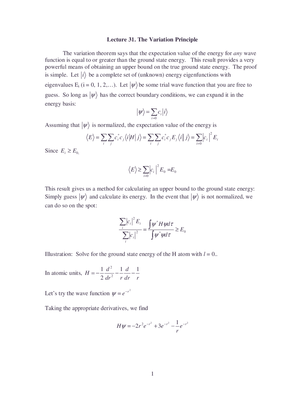 The Variation Principle - Lecture Notes | CHEM 542 - Docsity