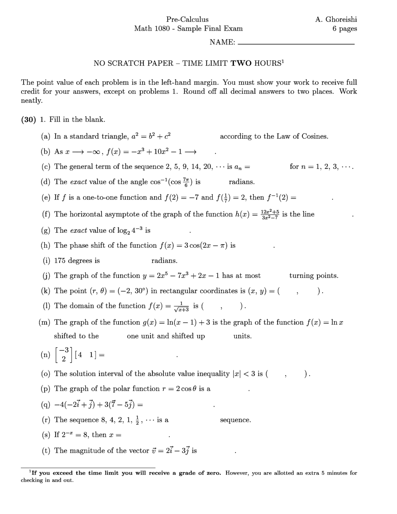 Pre Calculus Final Exam Paper Math 1080 Exams Pre Calculus Docsity