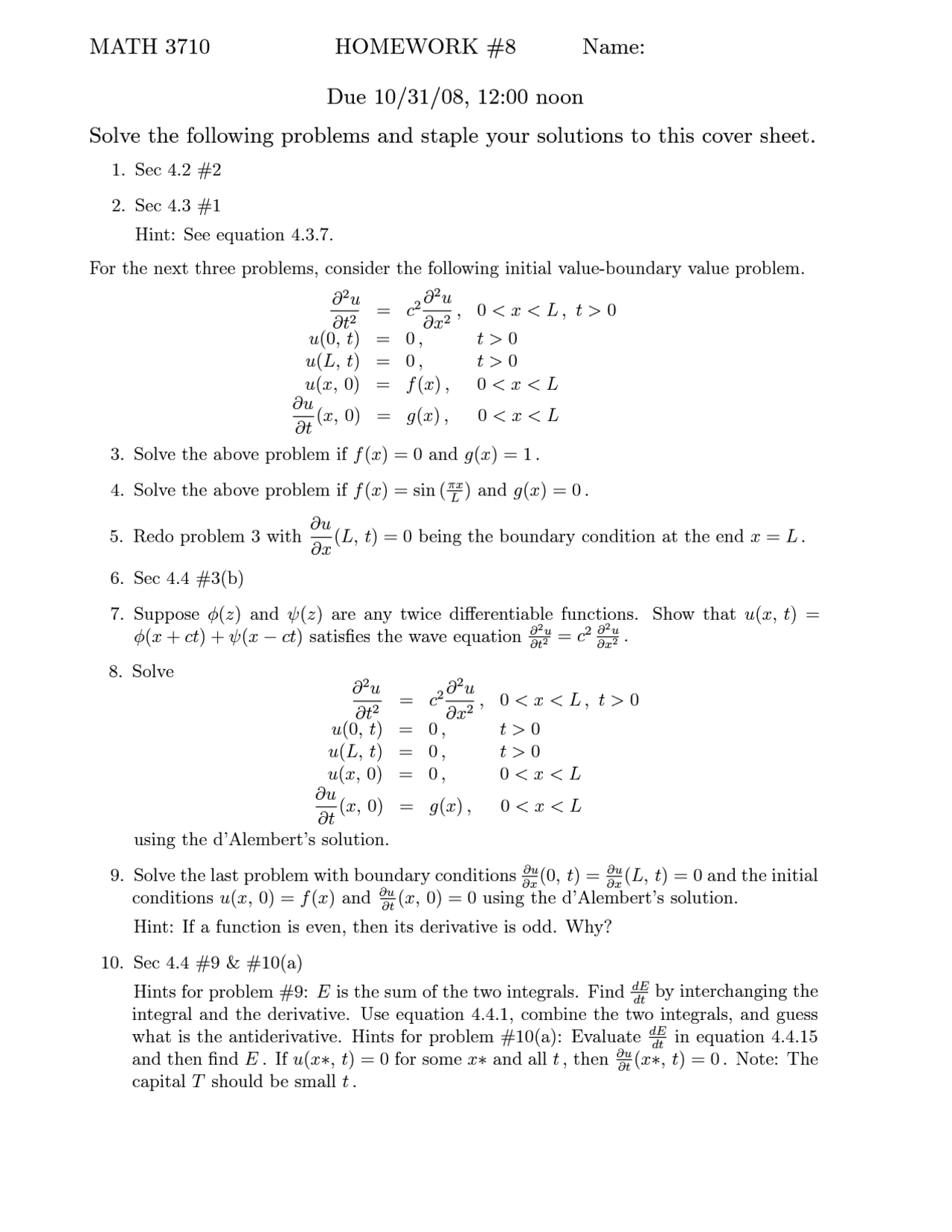 Problems Set 8 Questions Boundary Value Problems Math 3710 Docsity