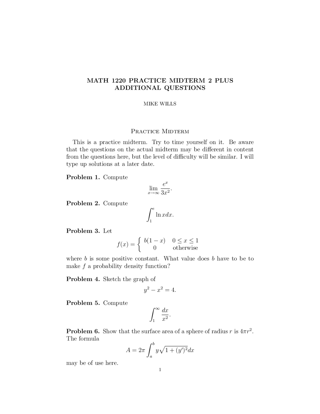 MATH 1220 Practice Midterm 2: Limits, Integrals, and Graphs - Prof. Michael Wills | Exams ...