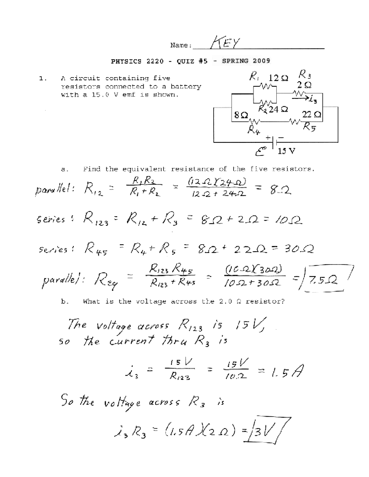 Quiz 5 with Solution Key - SI Physics / Science and Engineers II | PHYS 2220 - Docsity