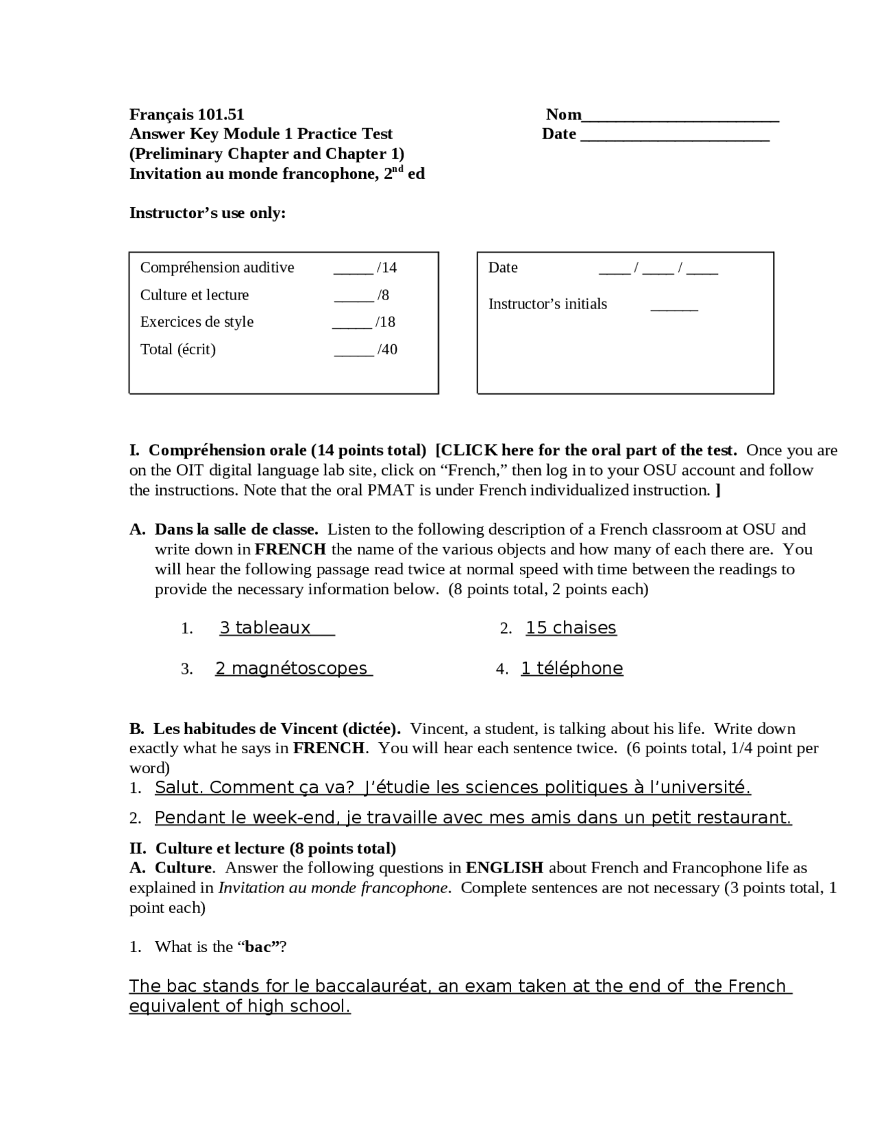 Answer Key Module 1 Practice Test For Classroom Track French 101