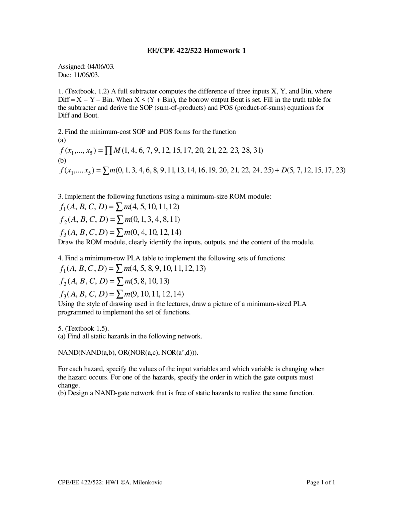 Homework 1 Questions On Advanced Logic Design Cpe 422 Docsity