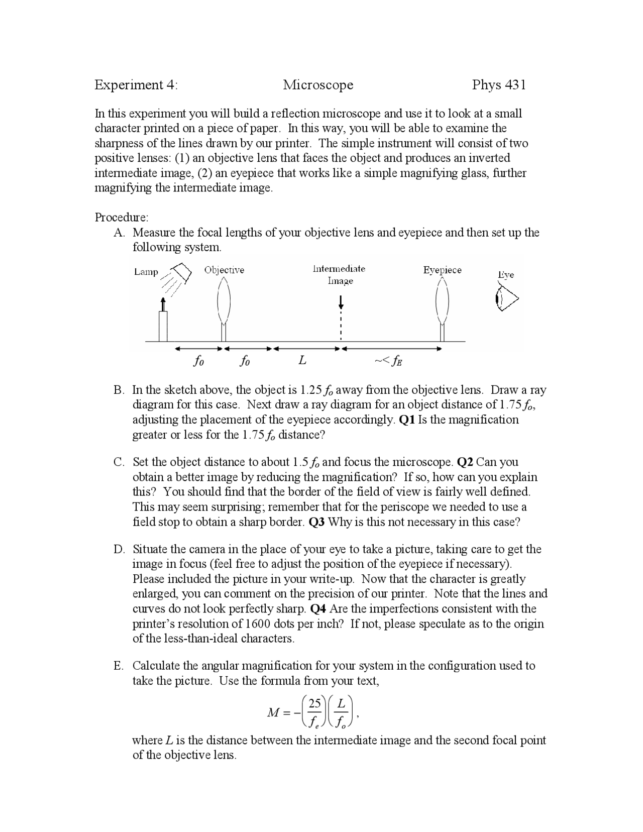 Microscope Experiment 4 Optics I Phy 431 Docsity