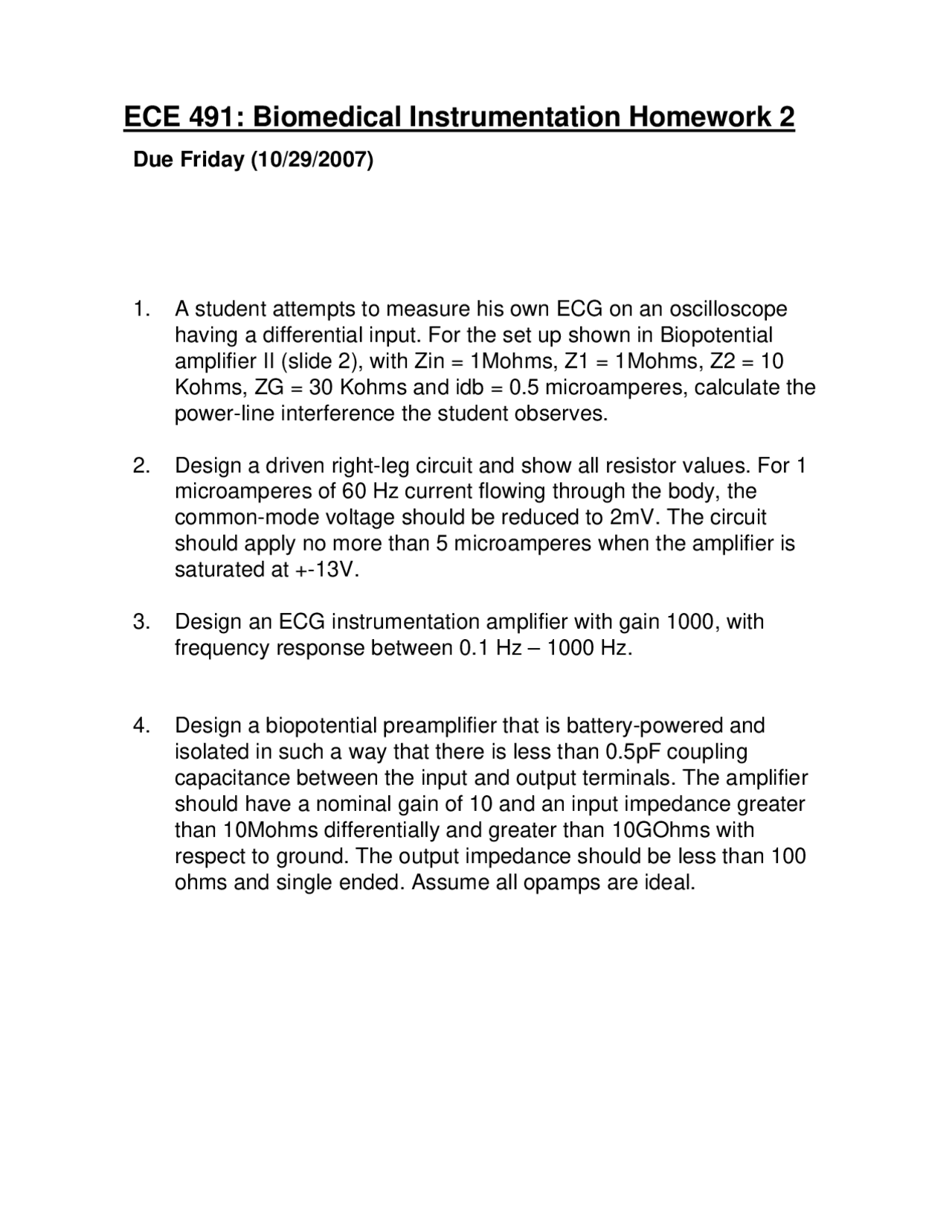 Biomedical Instrumentation Homework 2 Ece 491 Docsity
