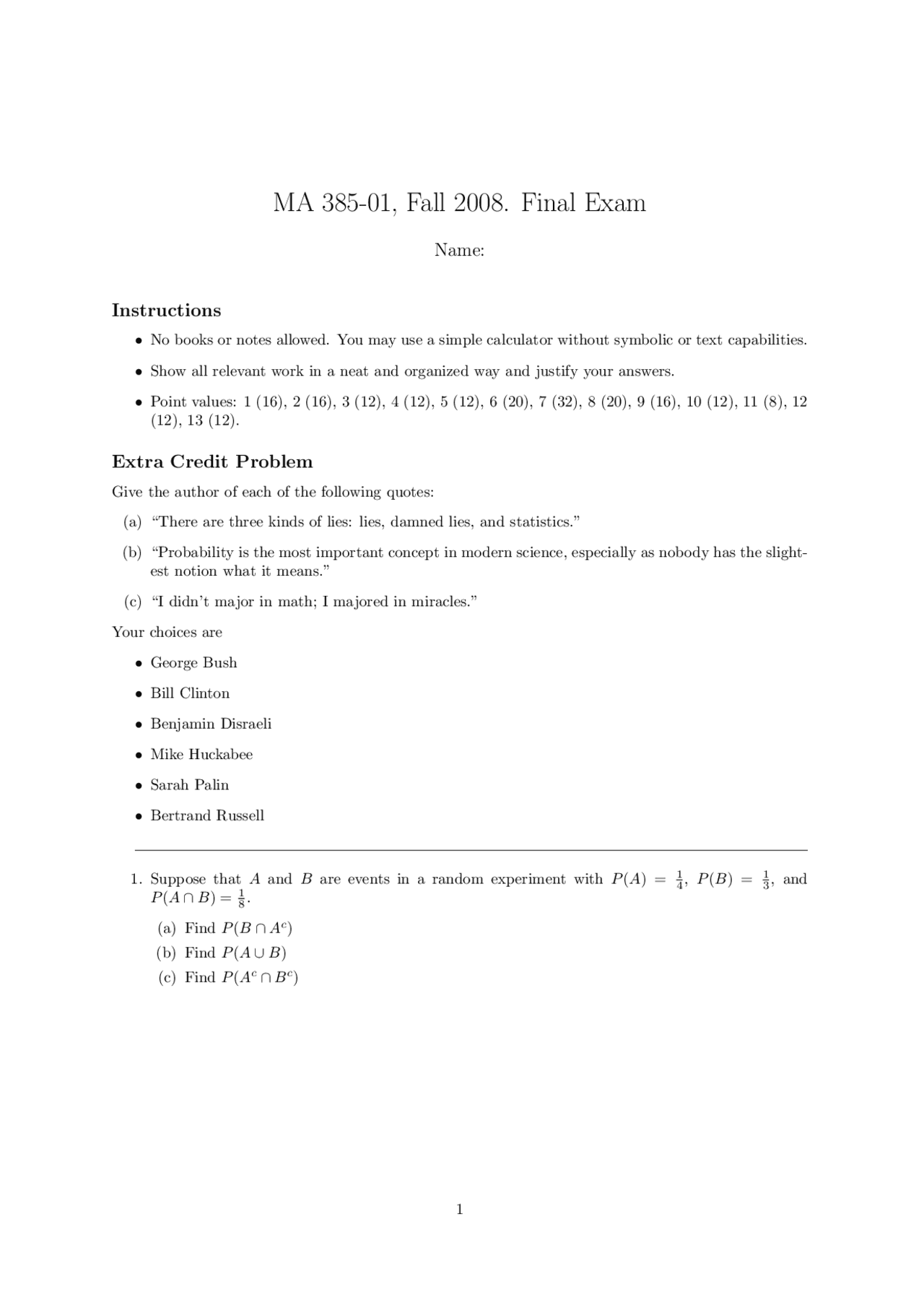 Probability and statistics test | MA 385 - Docsity