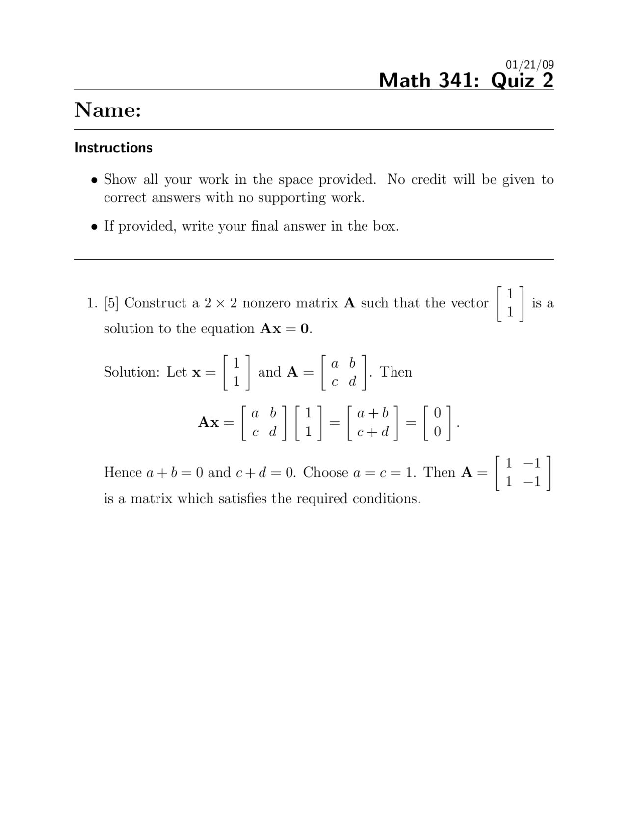 Find Solution To Matrix Equation Quiz 2 With Solution Math 341