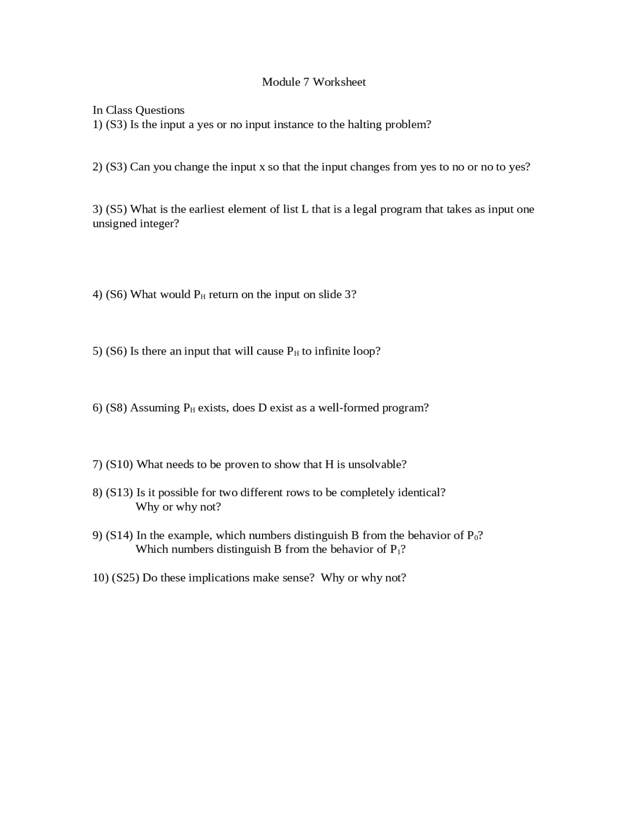 10 Questions Module Worksheet 7 - Computability and Languages | CSE 460 - Docsity