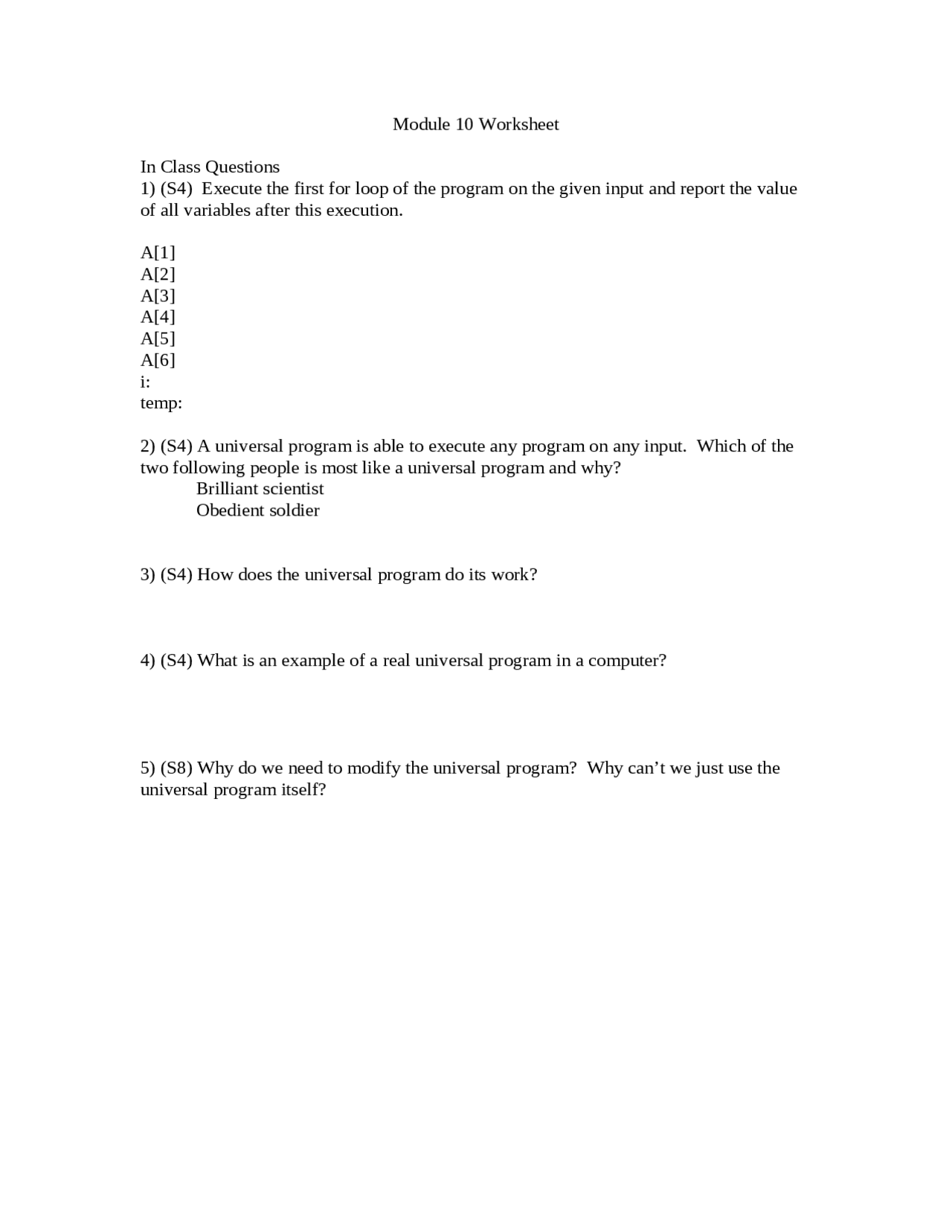 5 Questions Module Worksheet 10 Computability And Languages Cse 460