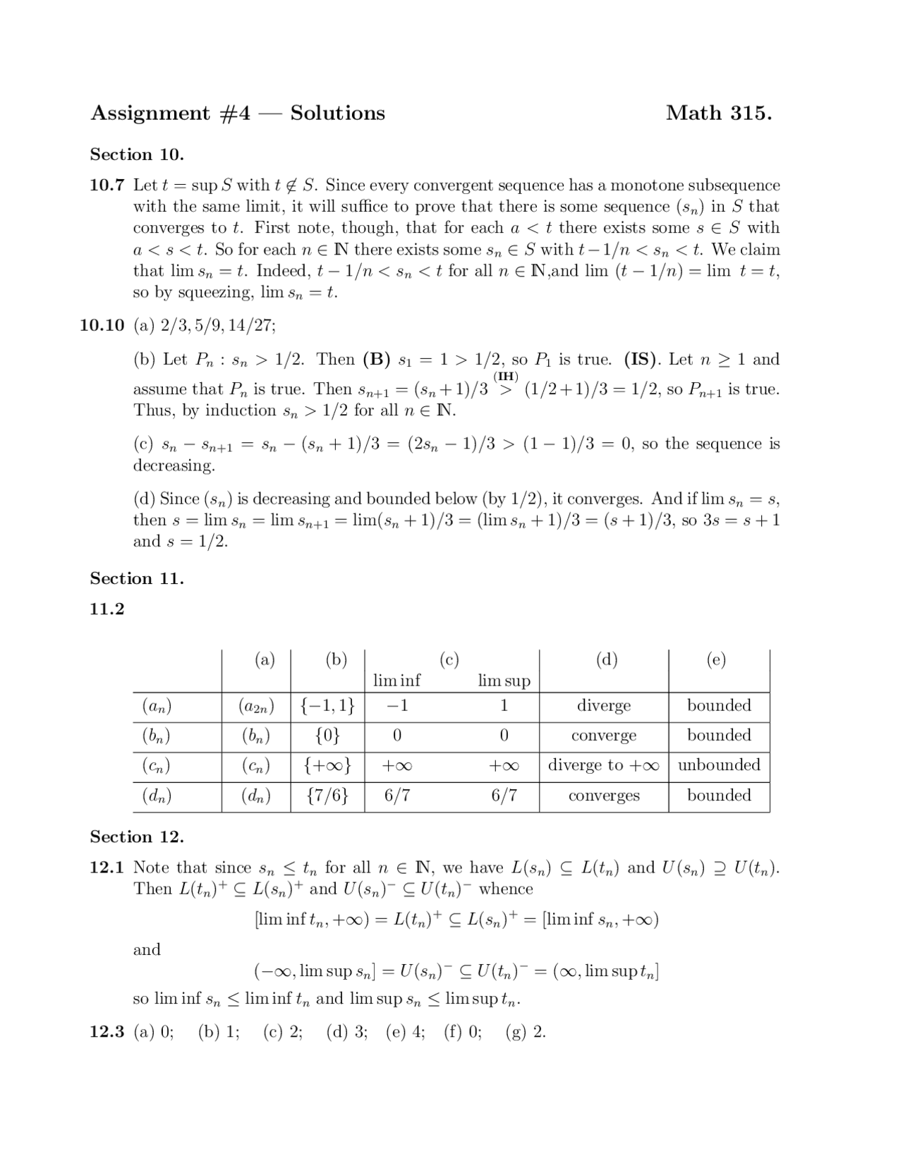 Elementary Analysis - Assignment 4 Solutions | MATH 315 - Docsity