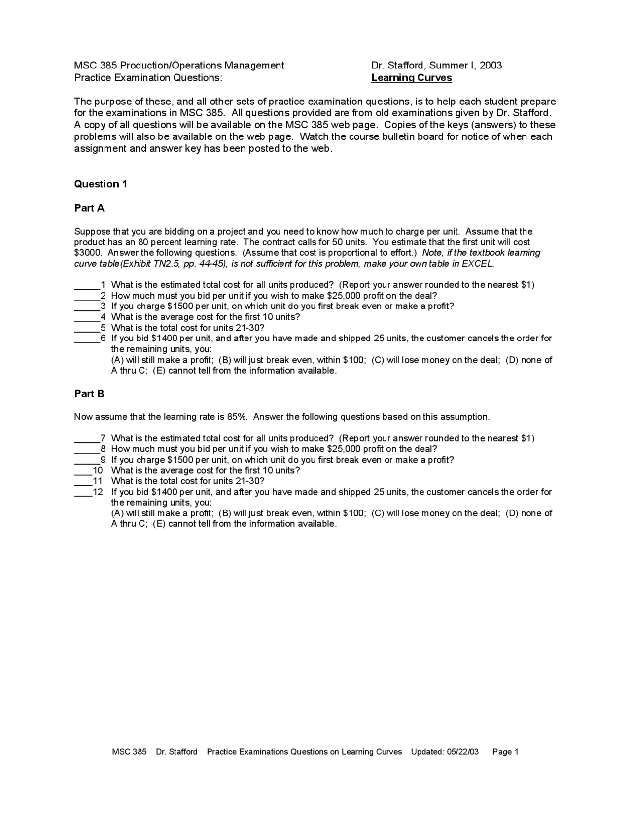 Practice Examination Questions - Operations Analysis | MSC 385 | Exams ...