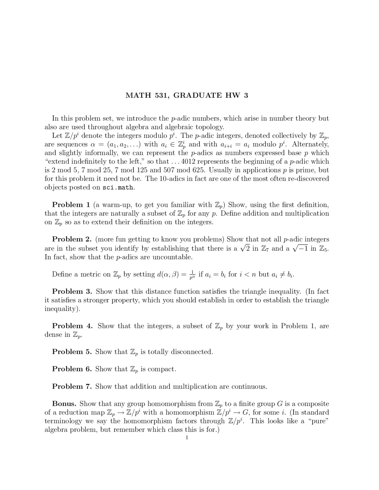 Graduate Homework 3 For Introduction To Topology Math 531 Docsity