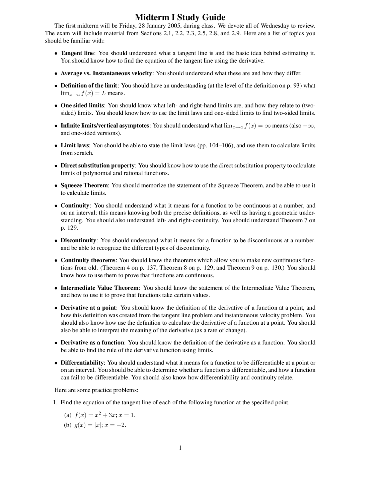 Midterm I Study Guide for Calculus: Tangents, Velocities, Limits, and Continuity | Exams ...