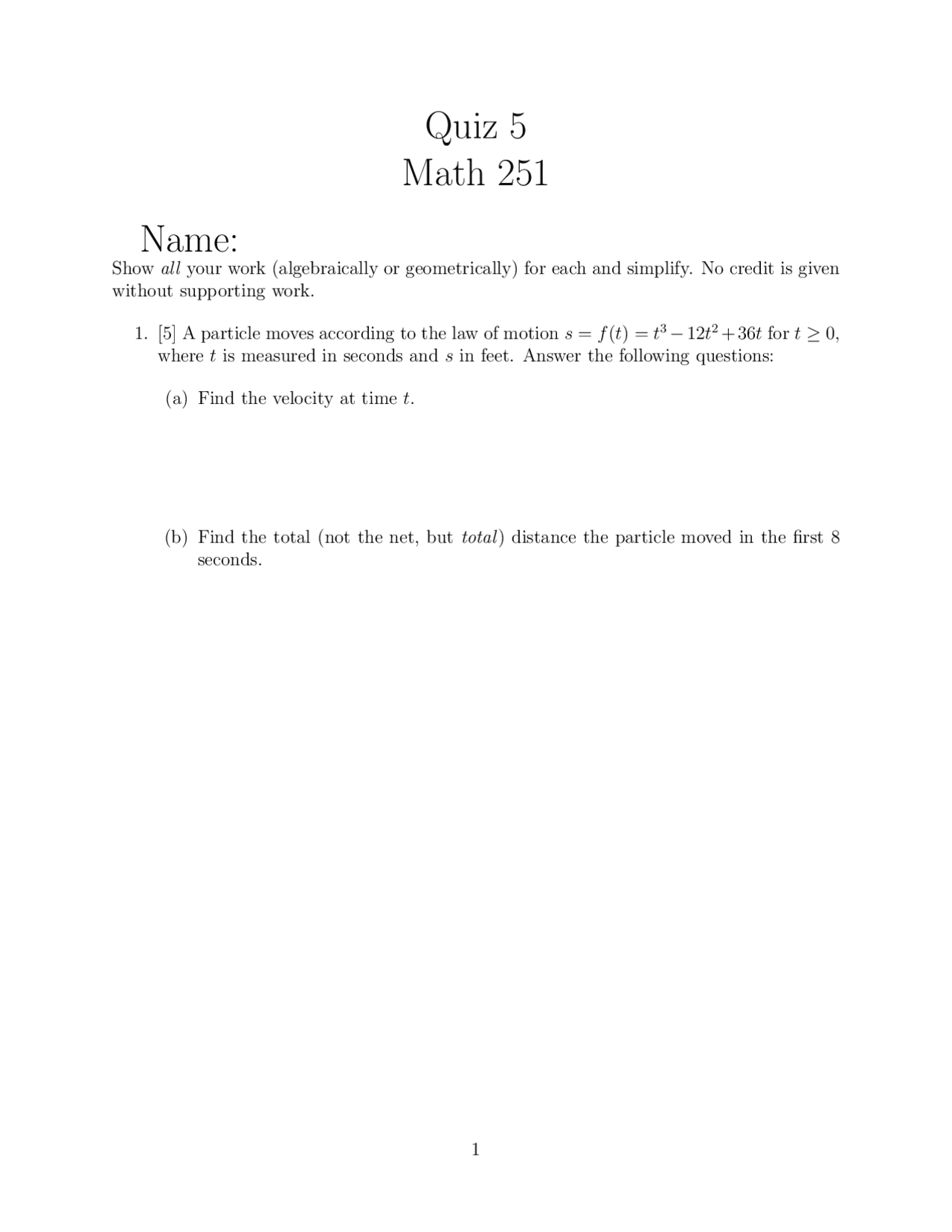Find the Velocity at Time t - Quiz 5 - Calculus I | MATH 251 - Docsity