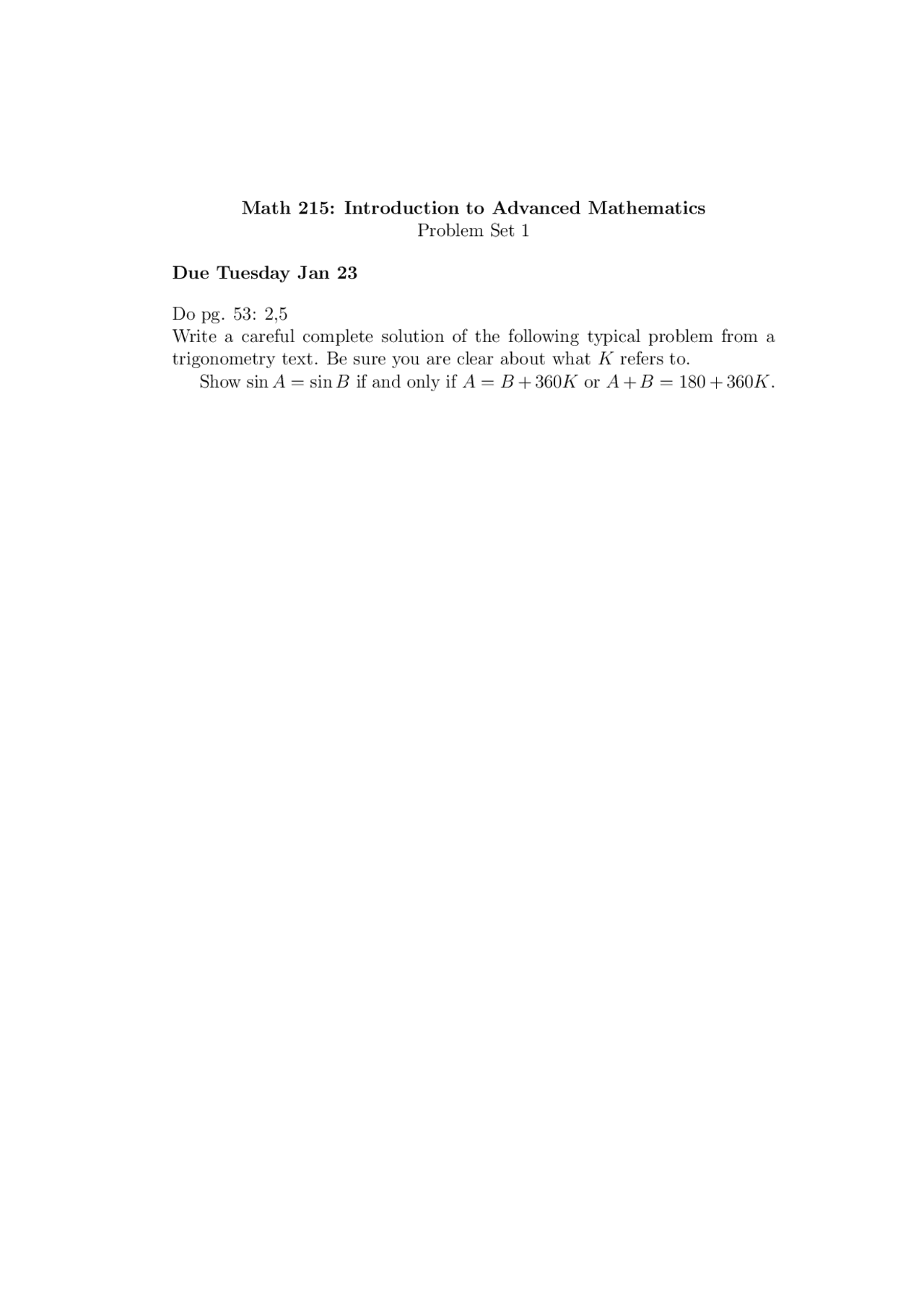 Introduction to Advanced Mathematics - Problem Set 1 | MATH 215 - Docsity