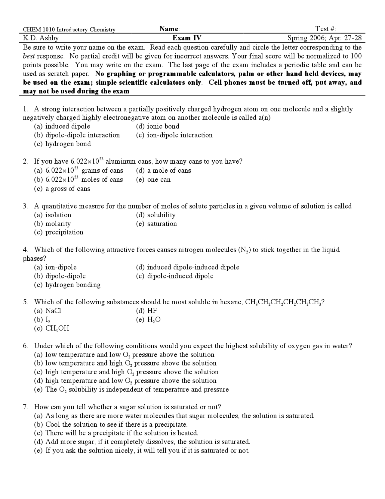 Physical and Chemical Properties of Matter Exam - Prof. Kyle Ashby ...