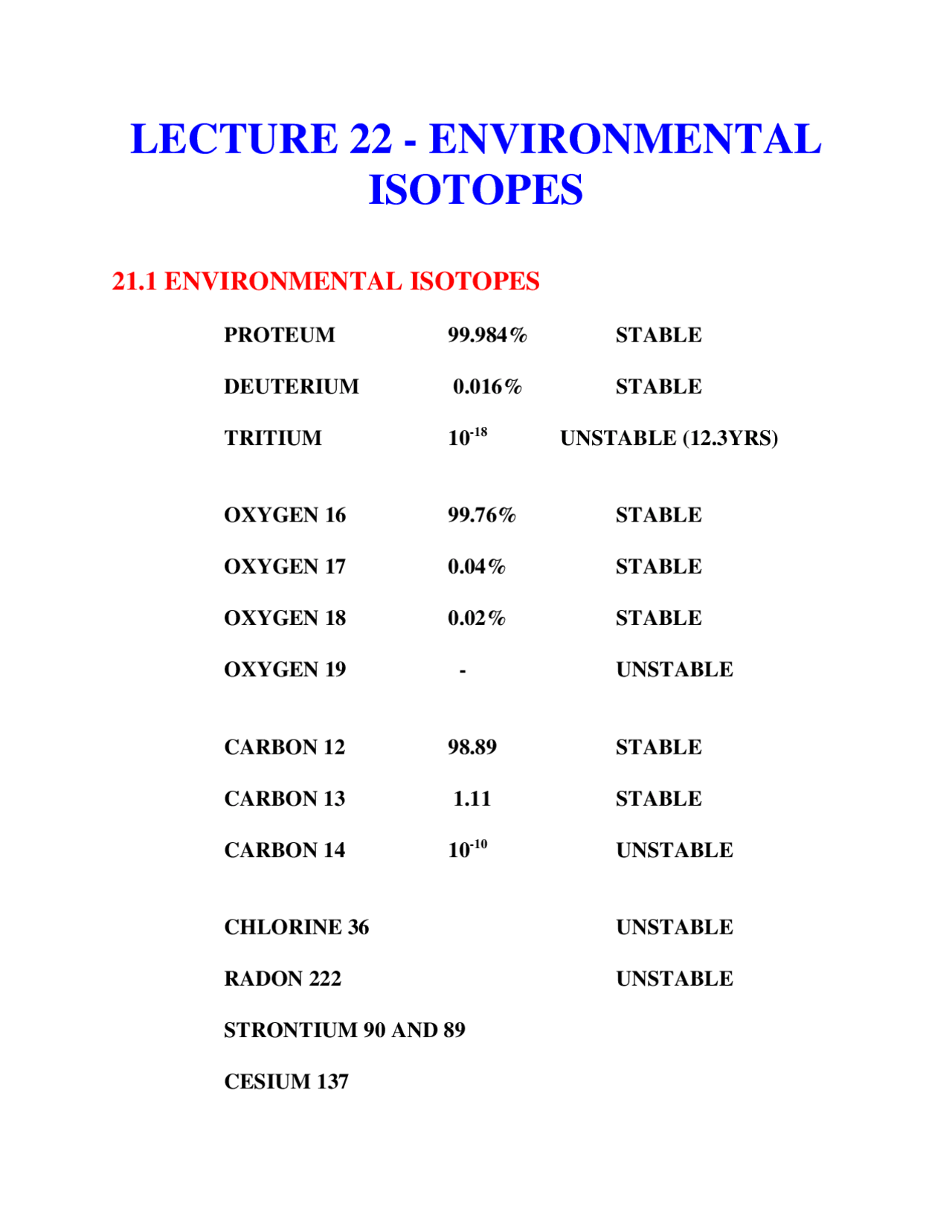 Environmental Isotopes Lecture Slides Glg 411 Docsity