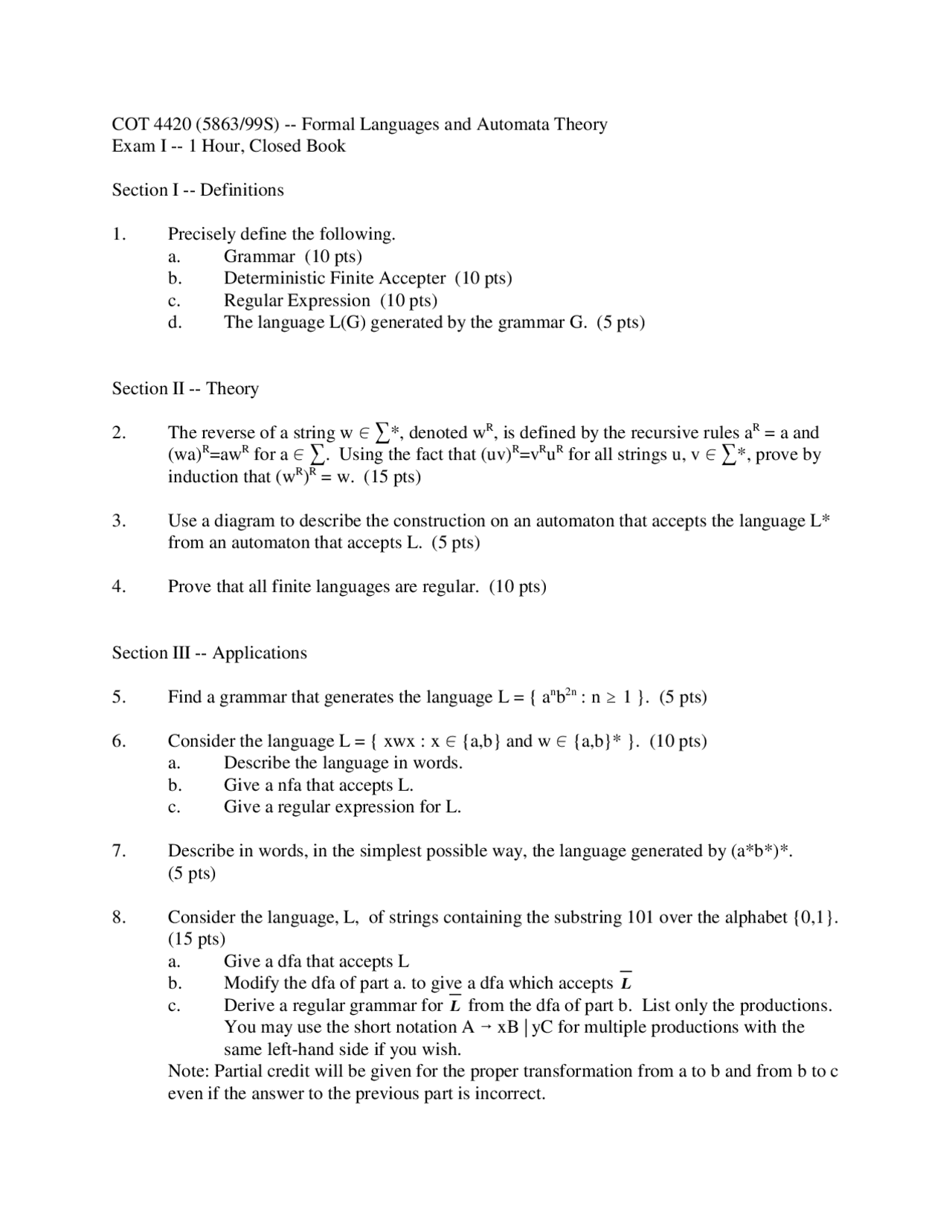 Formal Language And Automata Theory Exam 1 Cot 4420 Docsity