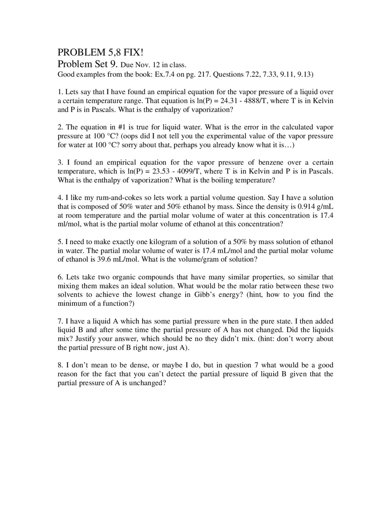 8 Problems On Physical Chemistry I Assignment 9 Chem 342 Docsity