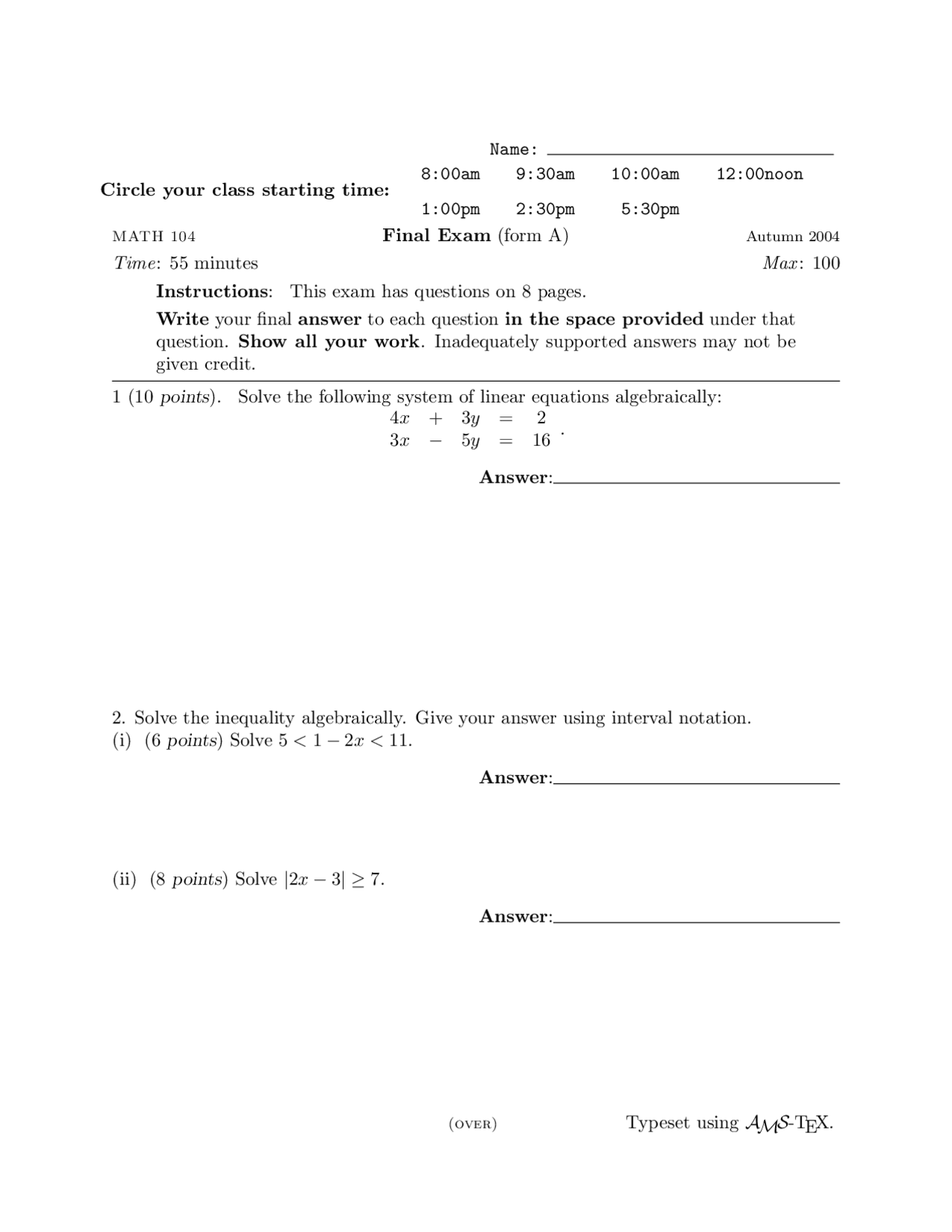 20 Problems in Final Examination on Basic Mathematics | MATH 104 | Exámenes Matemáticas | Docsity