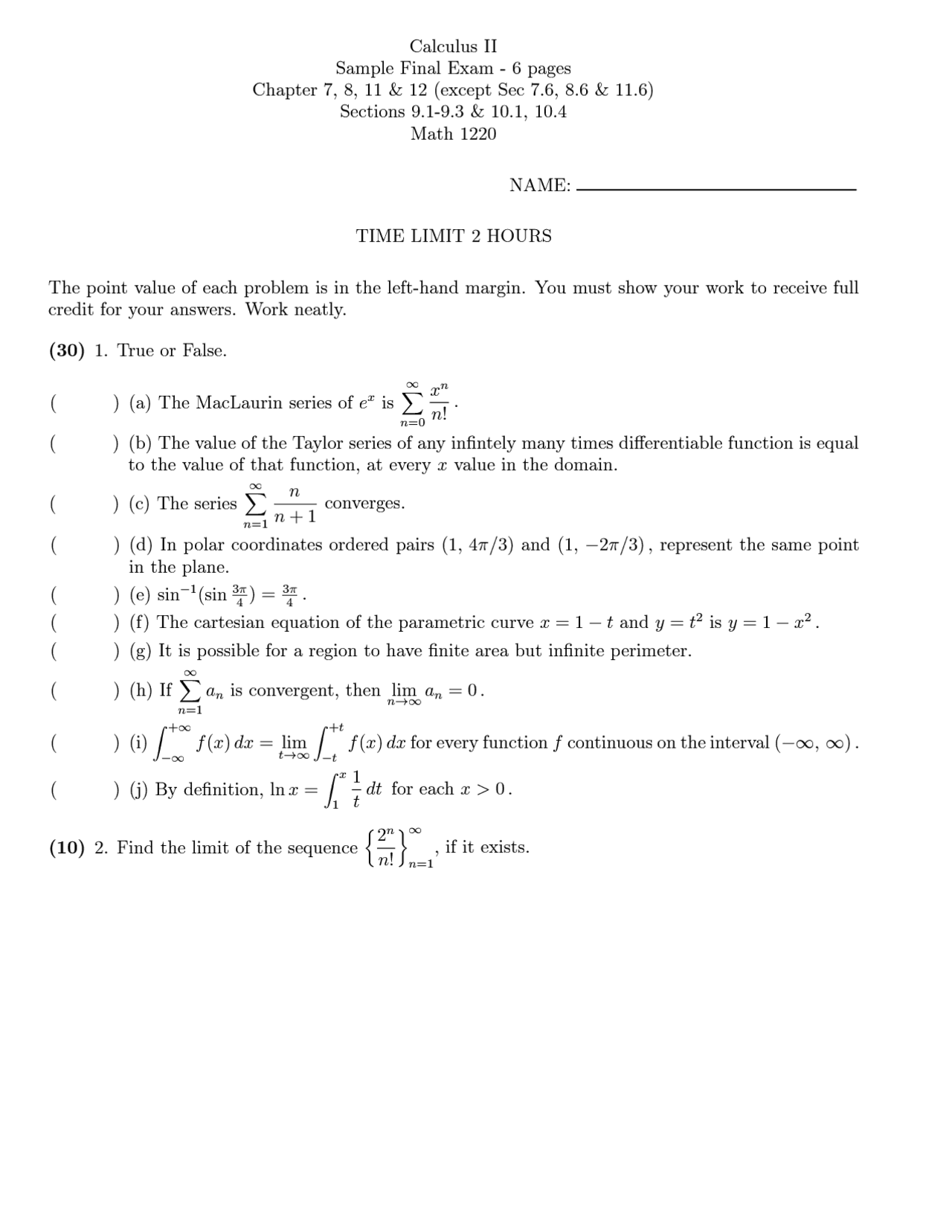 Sample Final Exam Calculus Ii Math 1220 Docsity
