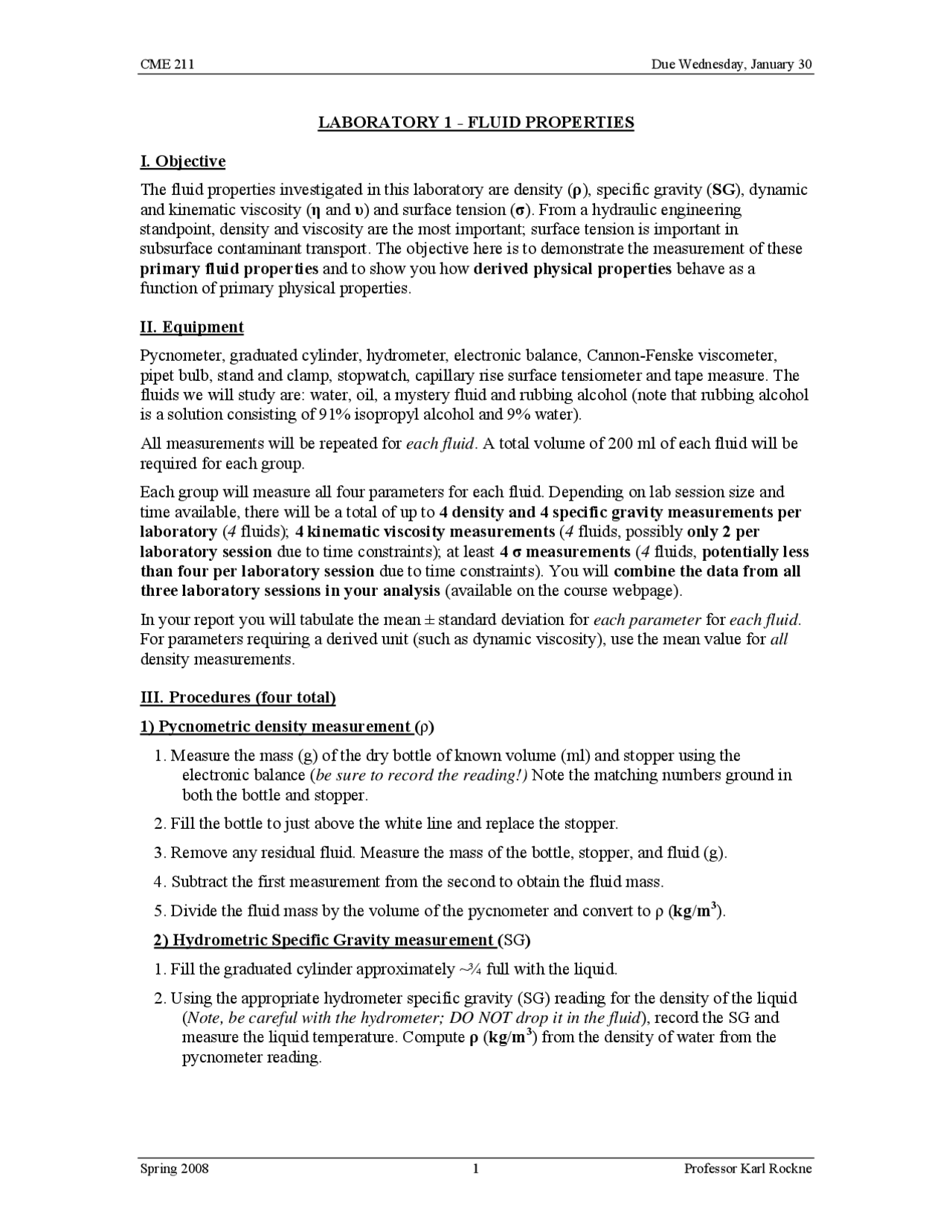 Fluid Properties - Fluid Mechanics and Hydraulics - Lab I | CME 211 - Docsity