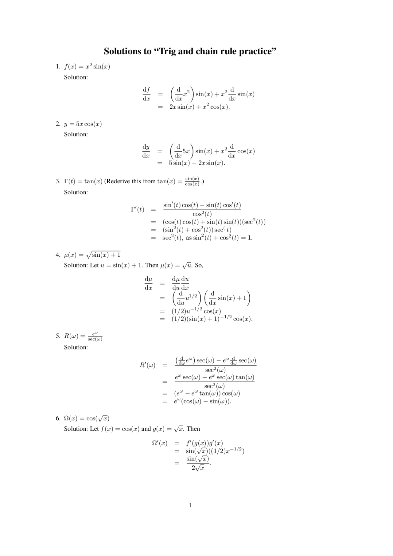Solutions to "Trig and Chain Rule Practice" - Calculus I | MATH 251 - Docsity