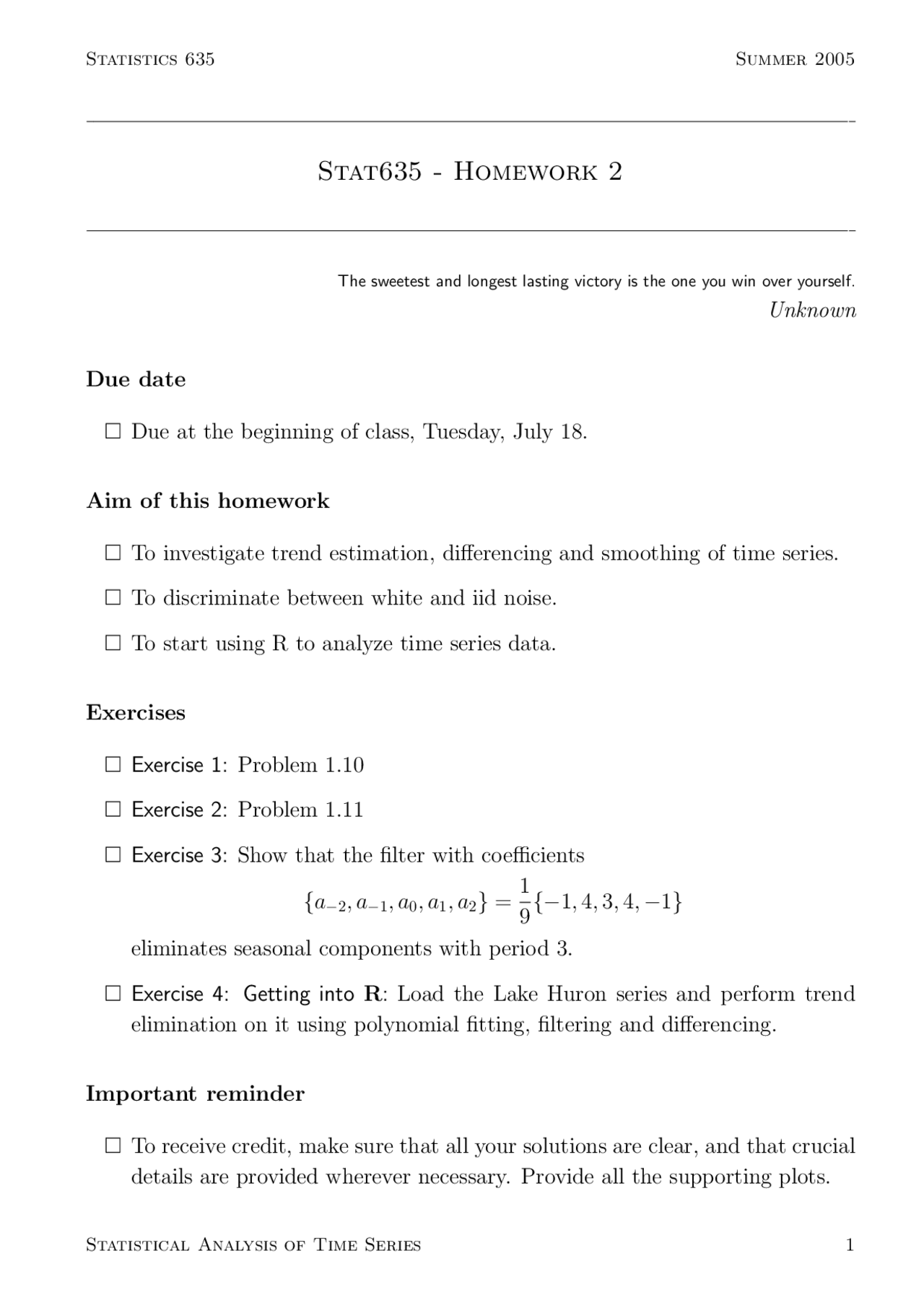 Homework 2 Statistical Analysis Of Time Series Summer 2005 Stat