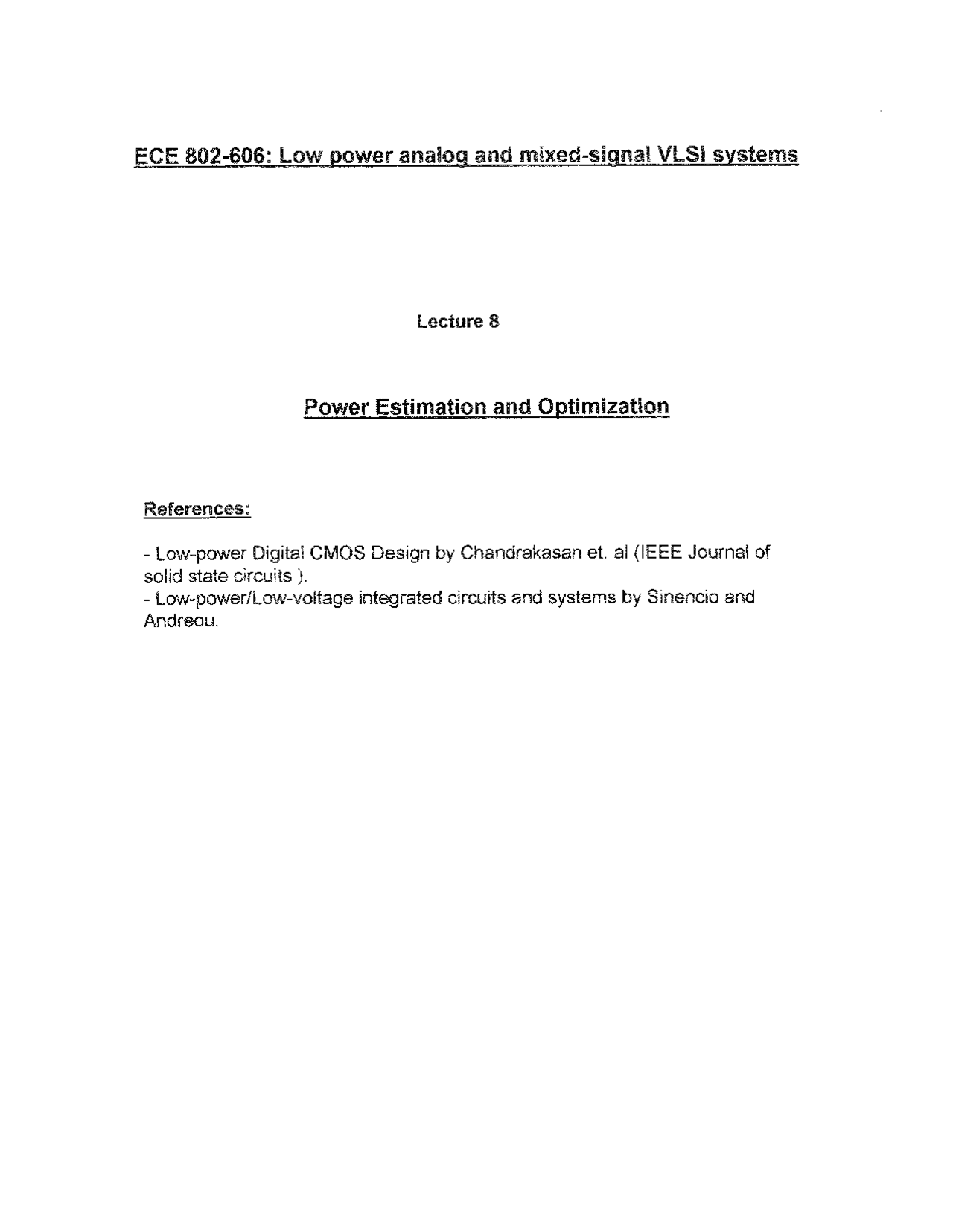 Power Estimation And Optimization Lecture Notes Ece 802 Docsity