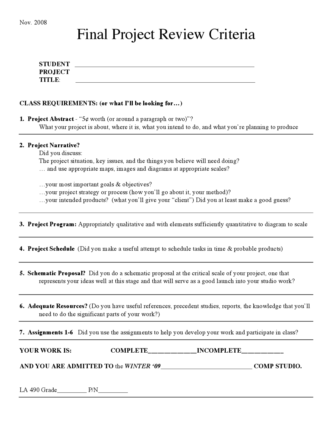 Final Project Review Criteria Preparation Comprehensive Project La