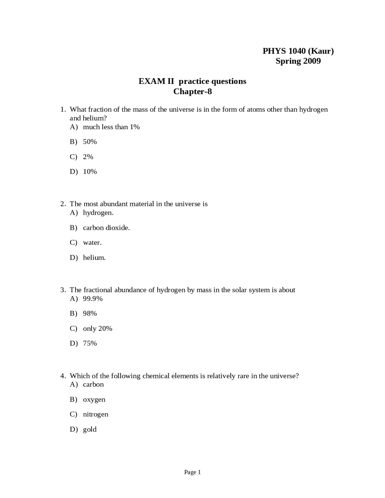 Exam 2 Practice Questions Elementary Astronomy Phys 1040 Docsity