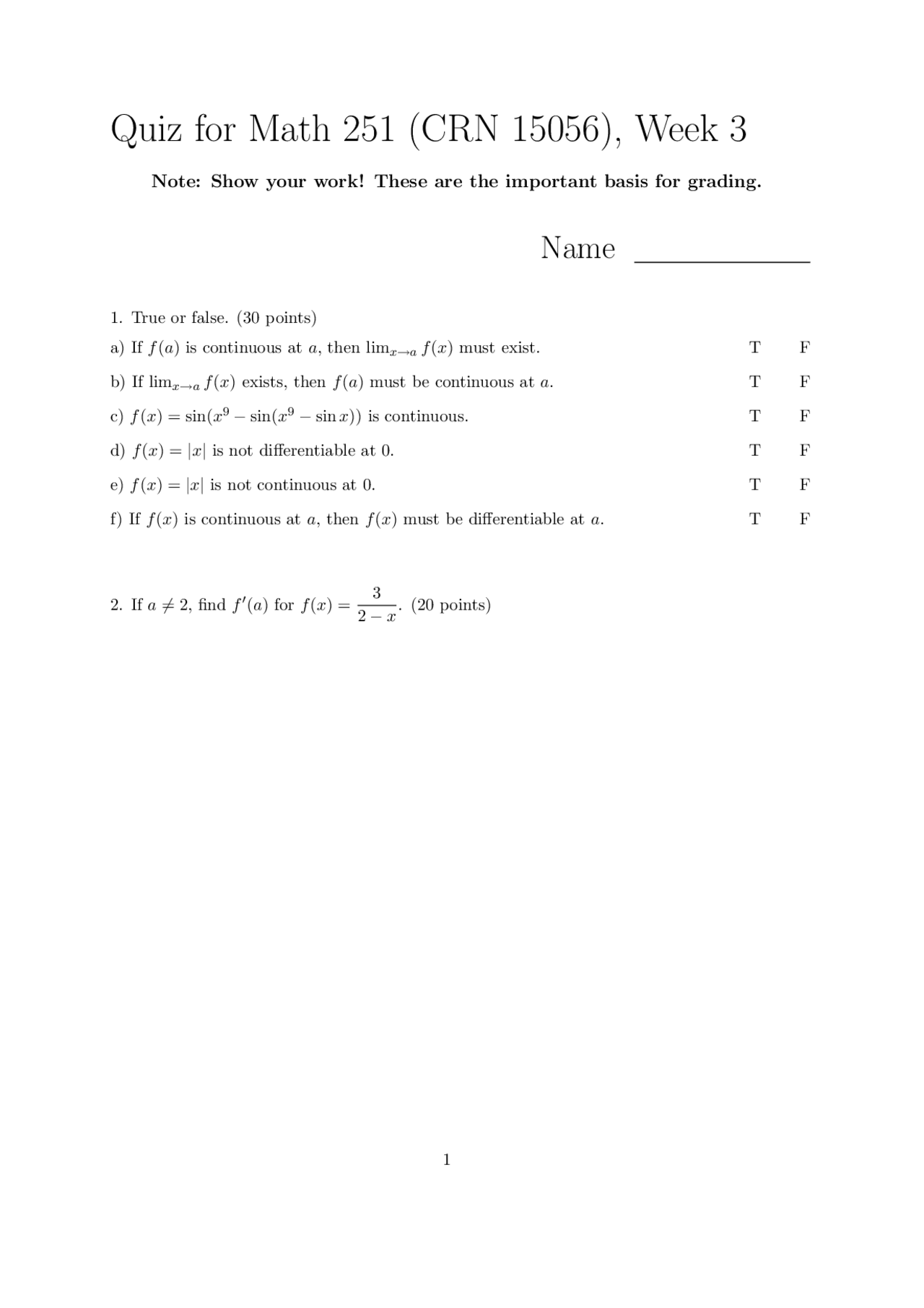 Calculus 4 Questions In Quiz Math 251 Docsity