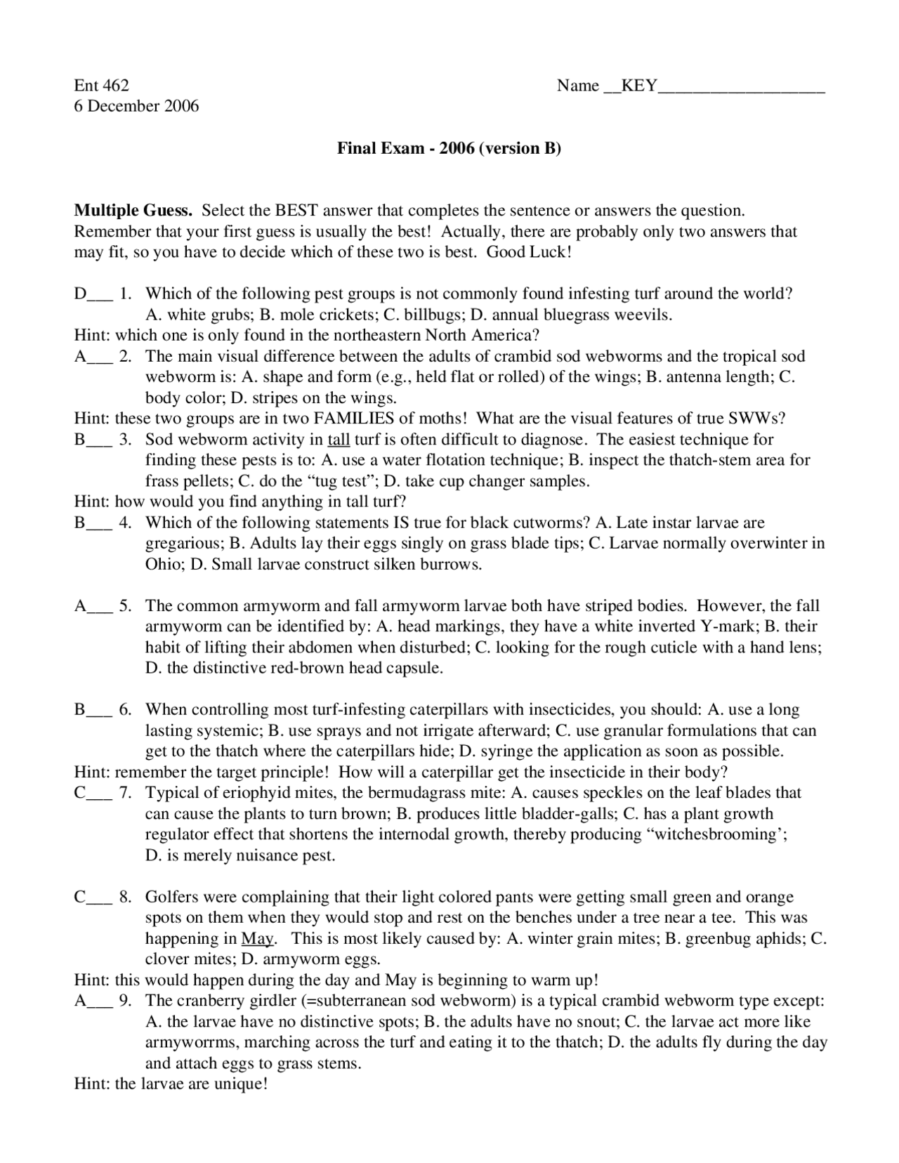 50 Questions on Final Exam - Economic Entomology | ENTOMOL 462 - Docsity