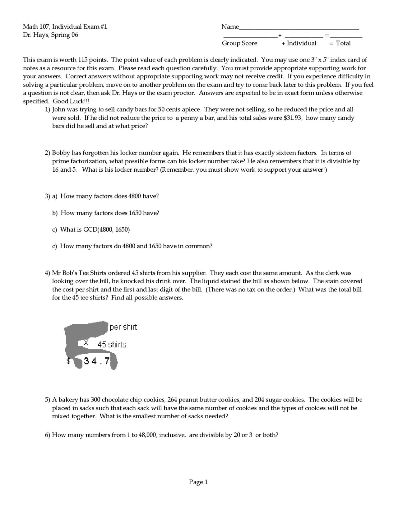 Solved Exam For Topics In Mathematics For Elementary Teachers Math