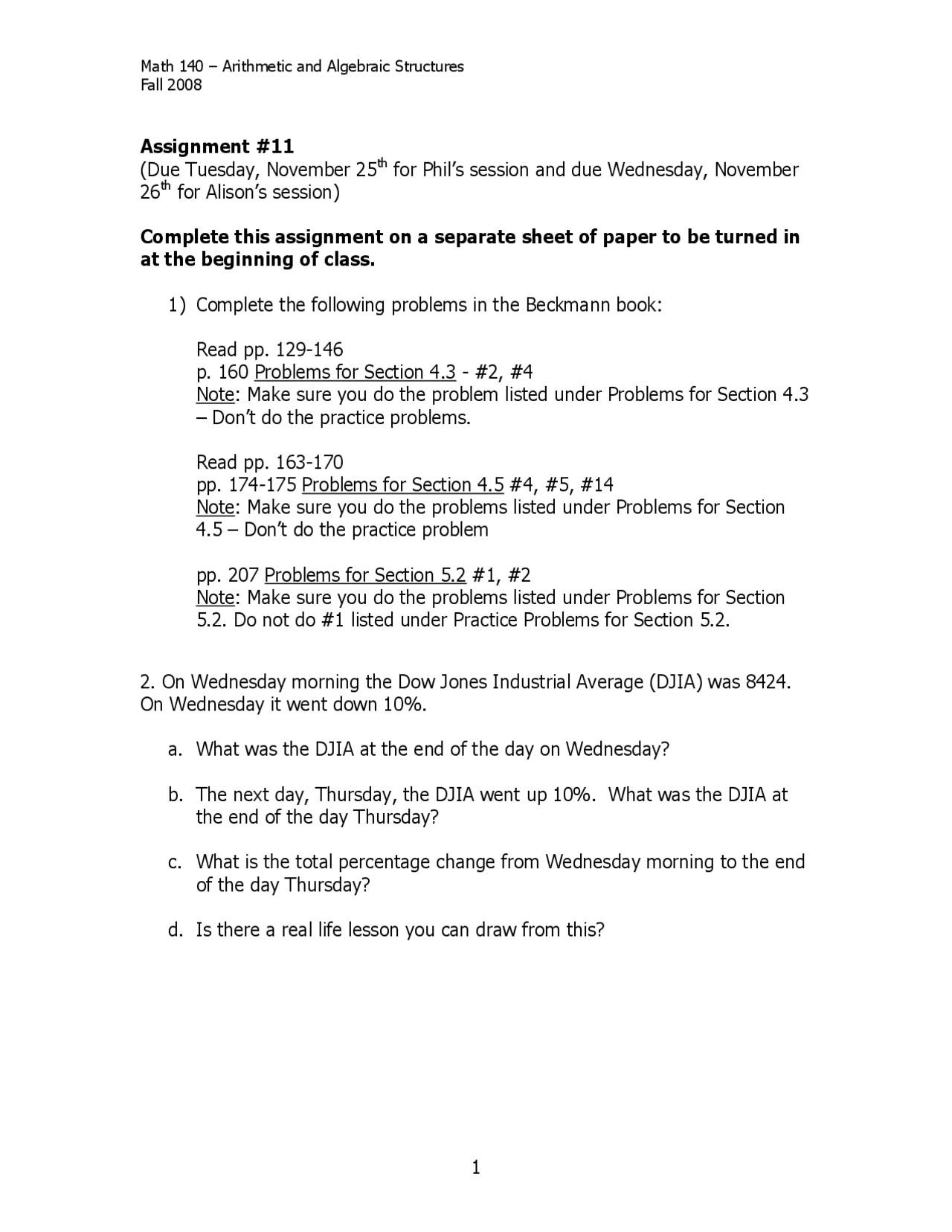 Assignment 11 For Arithmetic And Algebra Structures Math 140 Docsity