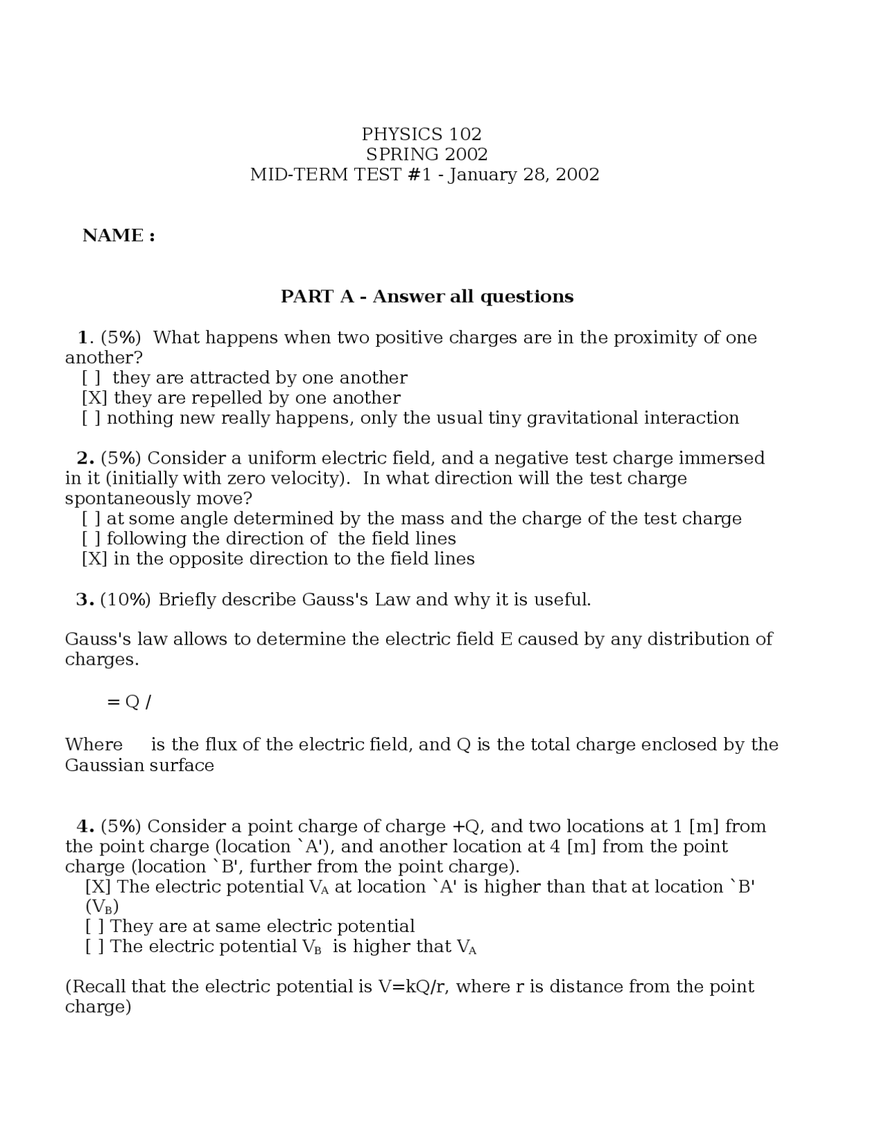 Midterm Test 1 On General Physics 2002 Ph 102 Docsity
