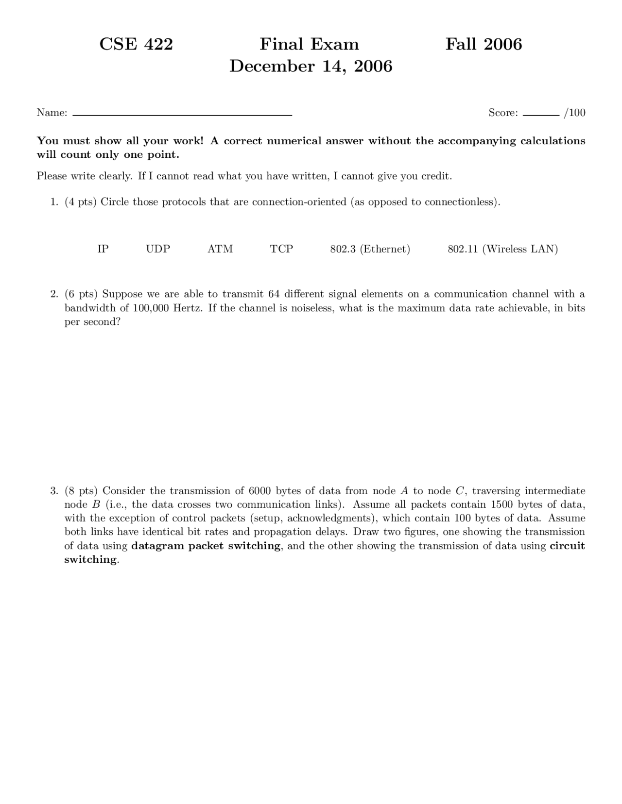 Final Exam Fall 2011 Computer Networks Cse 422 Docsity