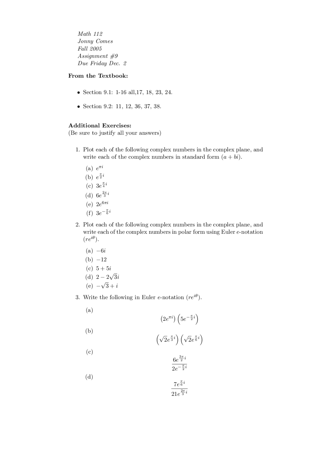 7 Questions On Elementary Functions Assignment 9 Math 112 Docsity