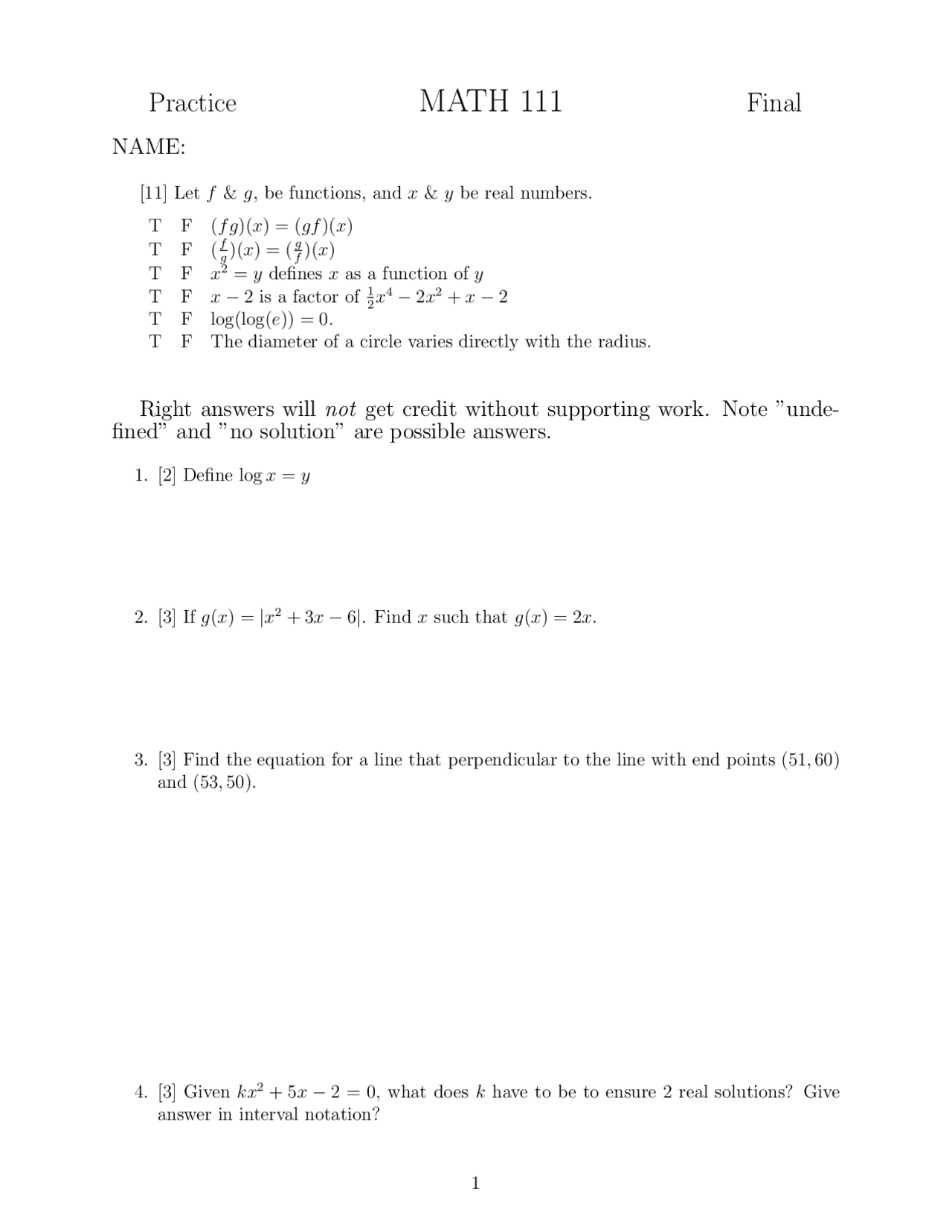 Practice Final Examination - College Algebra | MATH 111 - Docsity