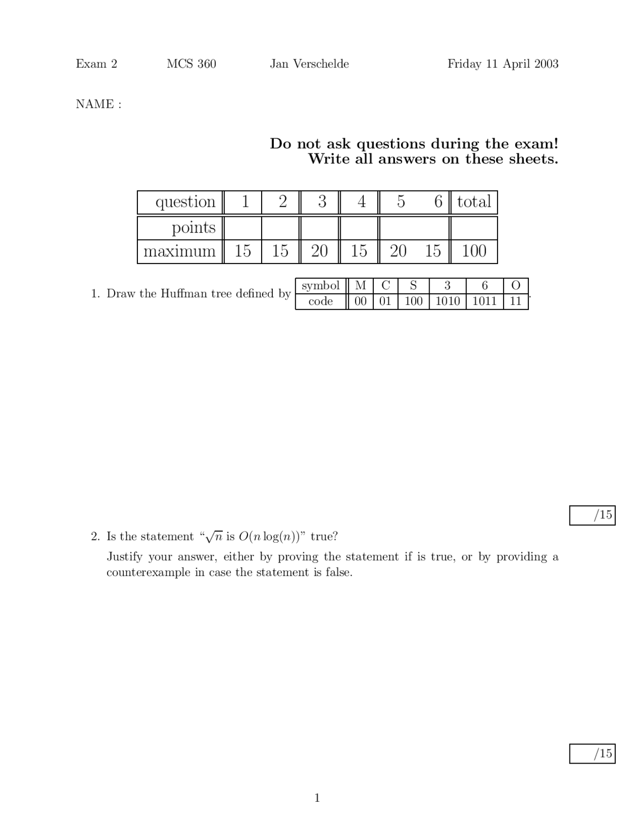 6 Problems On Introduction To Data Structures Examination 2 Mcs 360