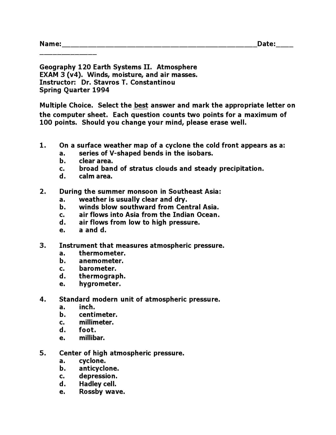 Exam 3 For Practice Earth Systems Ii Atmospheric Environment Geog
