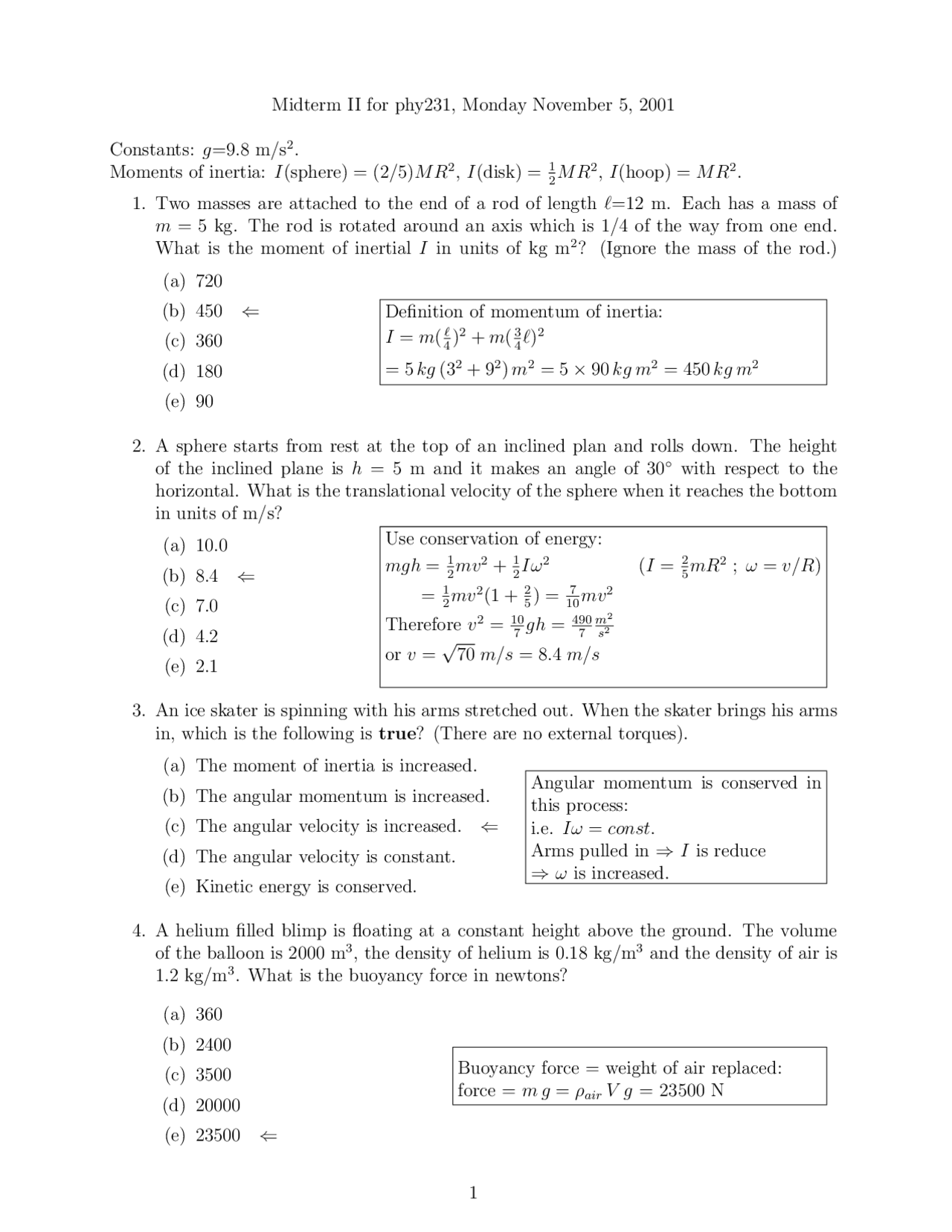 Midterm Ii Questions Fall 2001 Introductory Physics I Phy 231 Docsity
