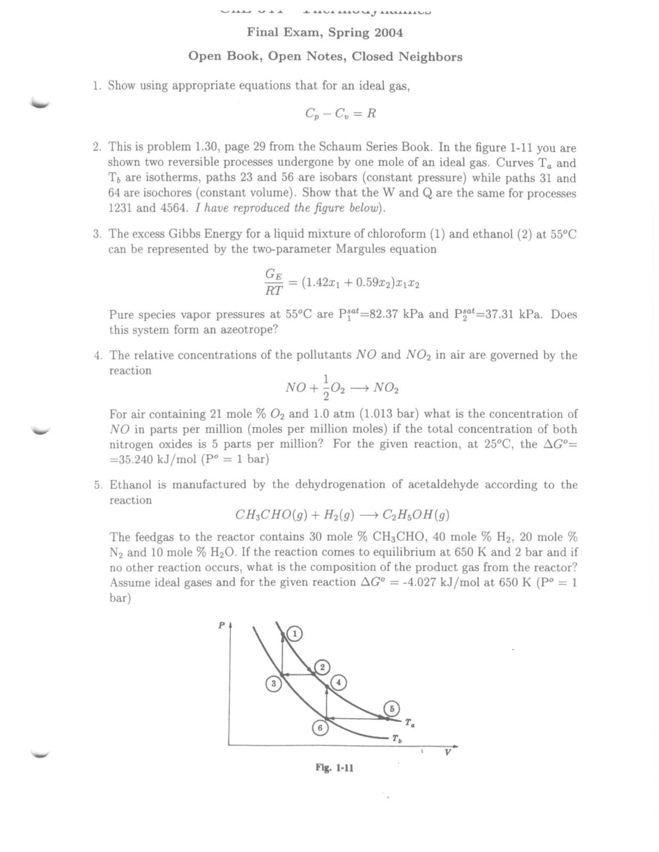 Final Exam for Chemical Engineering Thermodynamics | CHE 344 - Docsity