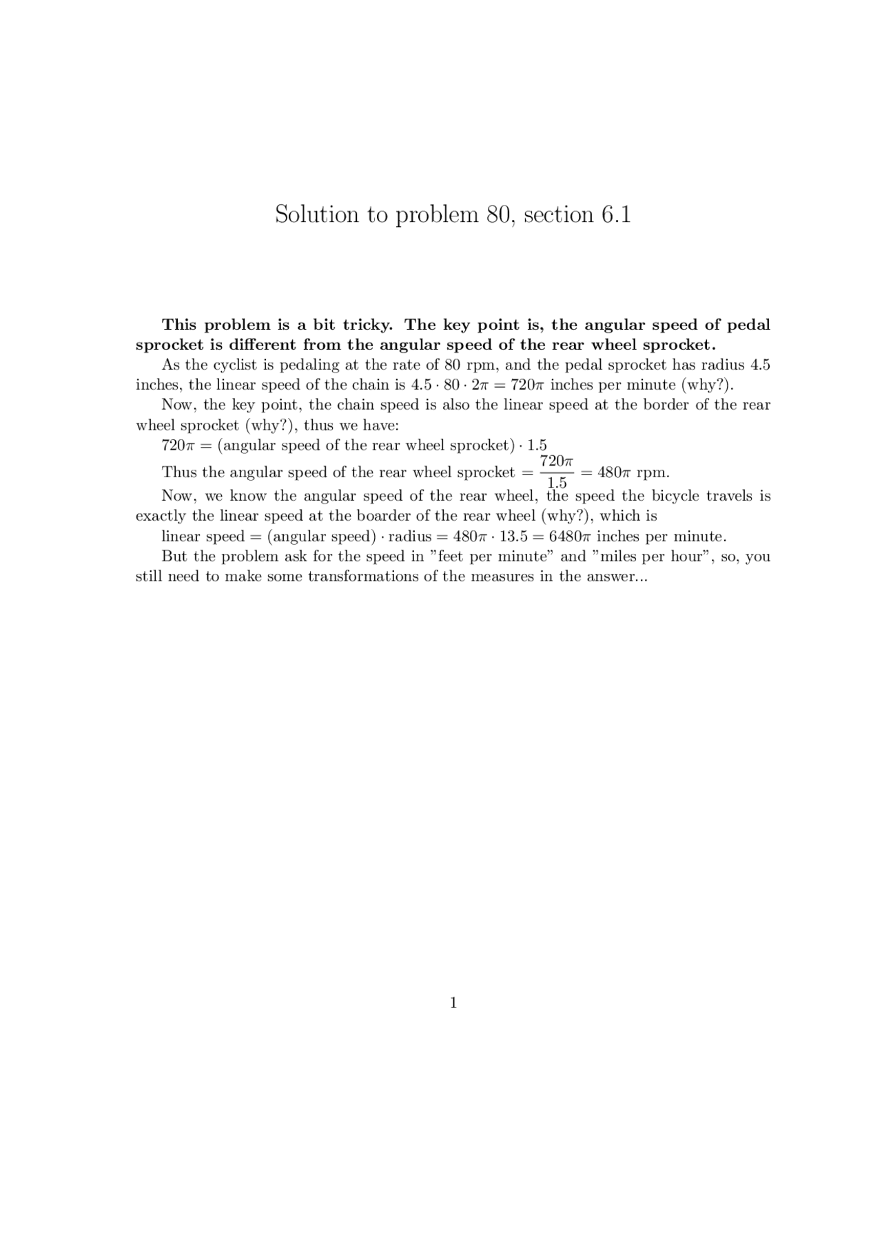 Bicycle Speed Calculation: Solving Problem 80, Section 6.1 - Prof. Wei Sun | Assignments ...