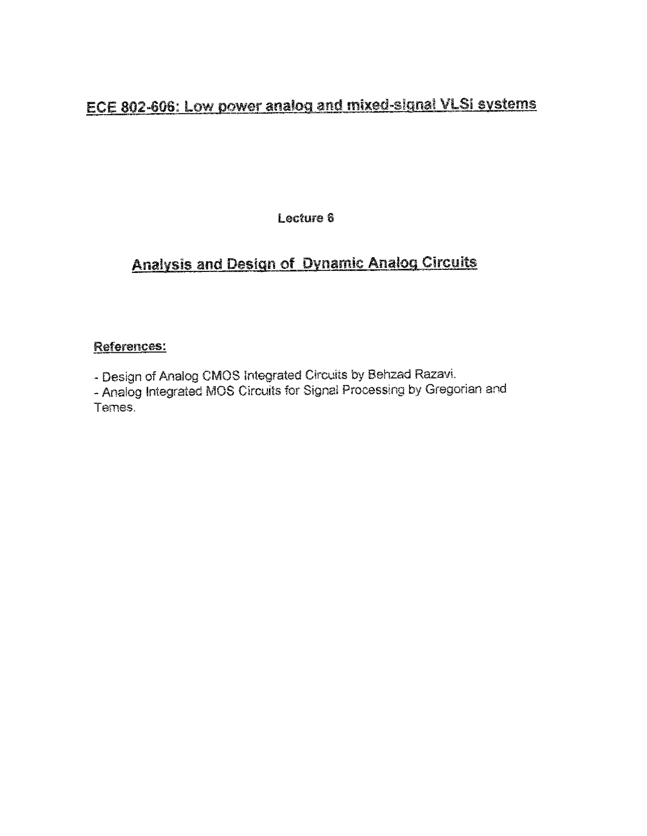 Analysis And Design Of Dynamic Analog Circuits Lecture Handout Ece 802 Docsity