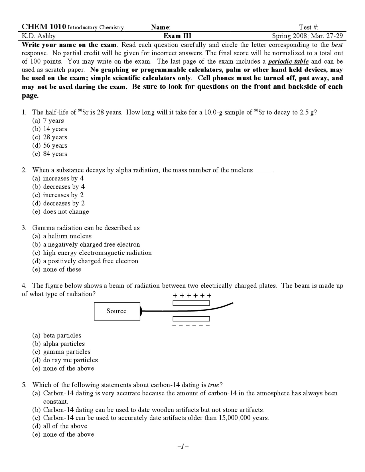 Unsolved Final Exam For Ps Introductory Chemistry Chem 1010 Docsity