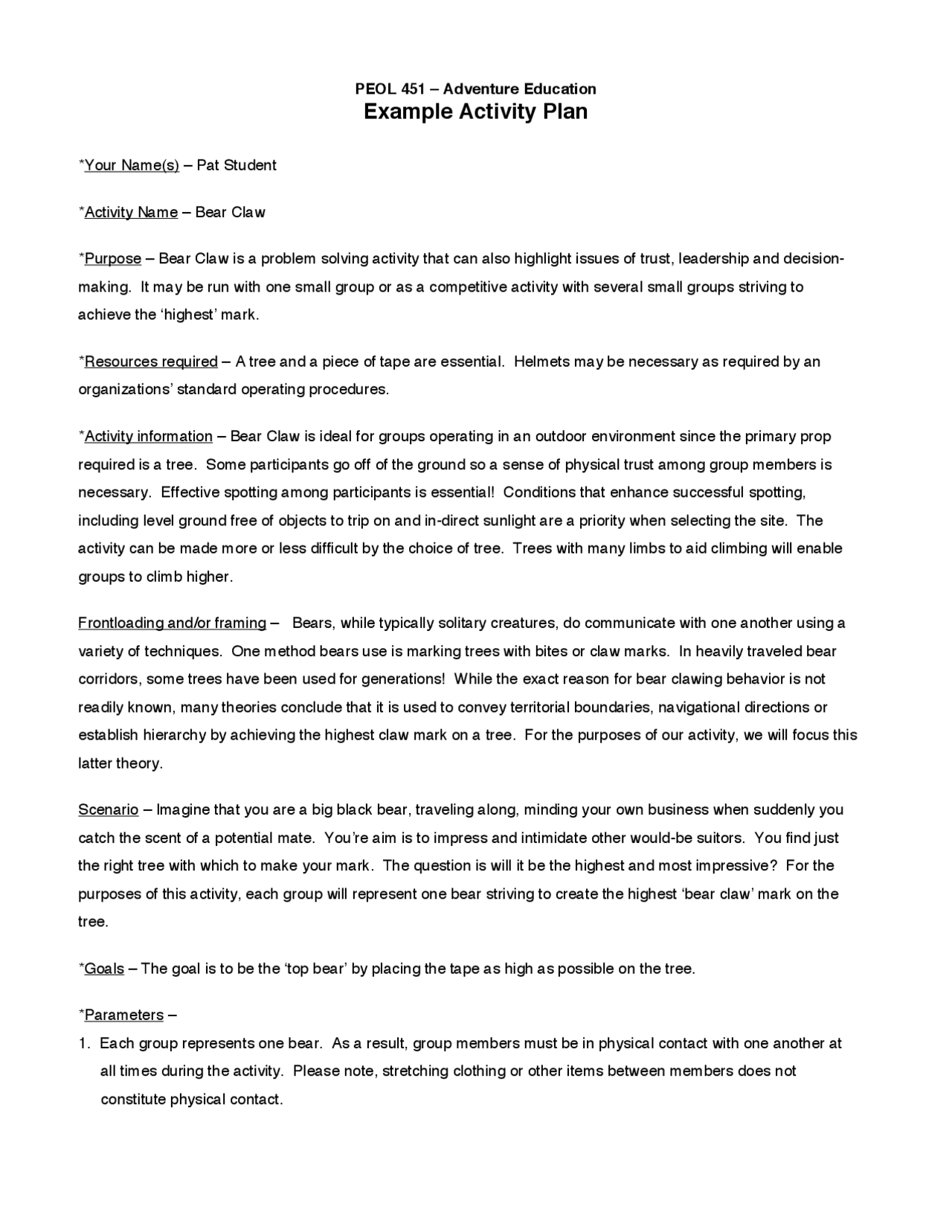 Example Activity Plan - Adventure Education | PEOL 451 - Docsity